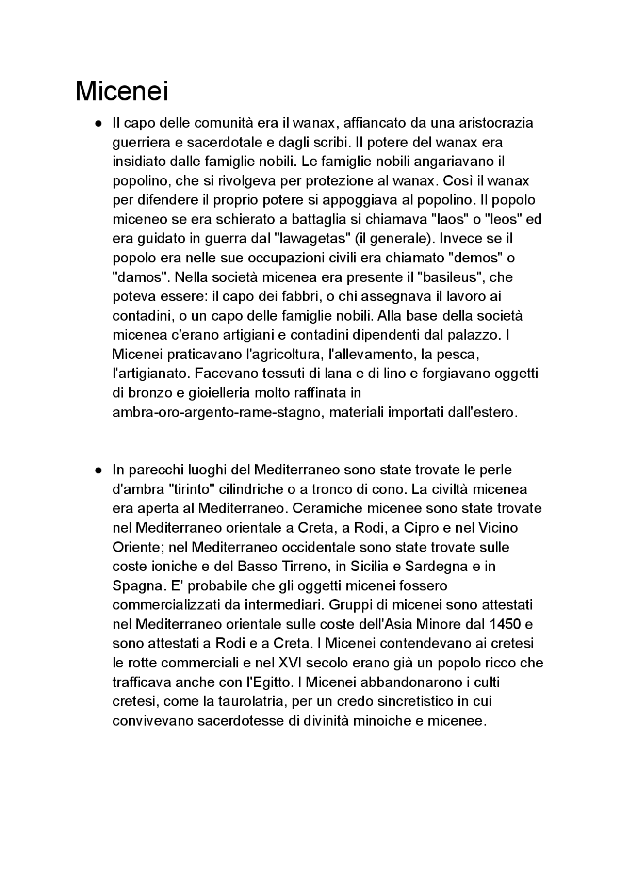 Micenei riassunto prima superiore | Sintesi del corso di Storia | Docsity