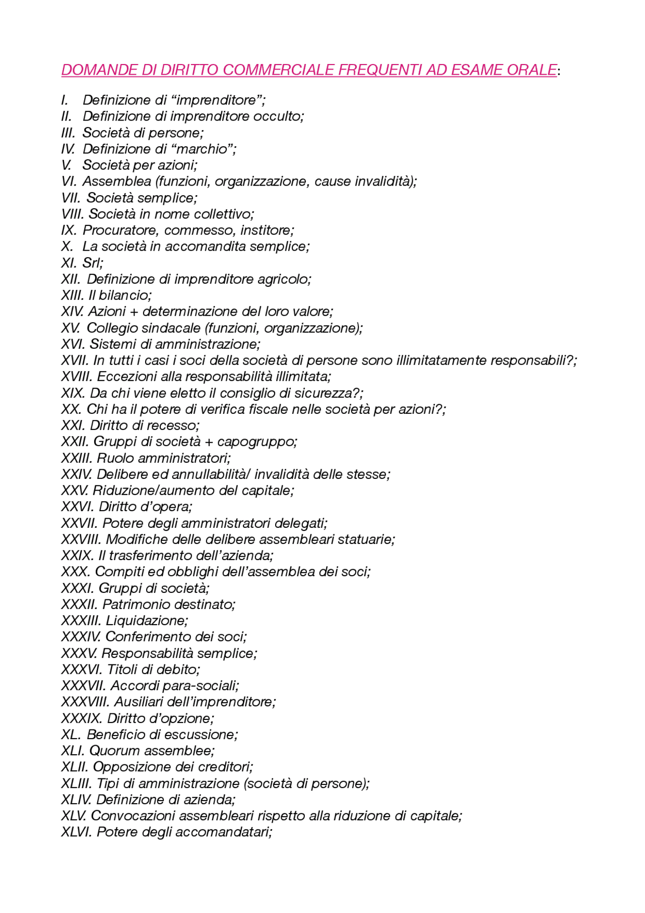 Domande Di Diritto Commerciale Prove Desame Di Diritto Commerciale