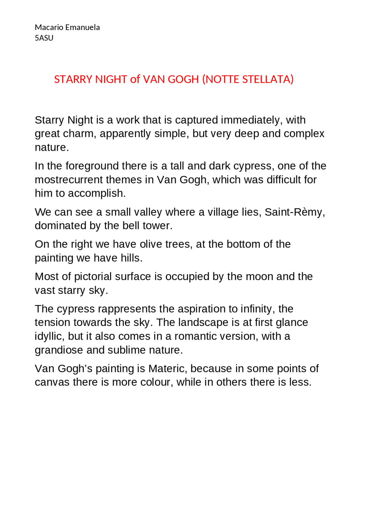 Starry night di Van Gogh - Docsity