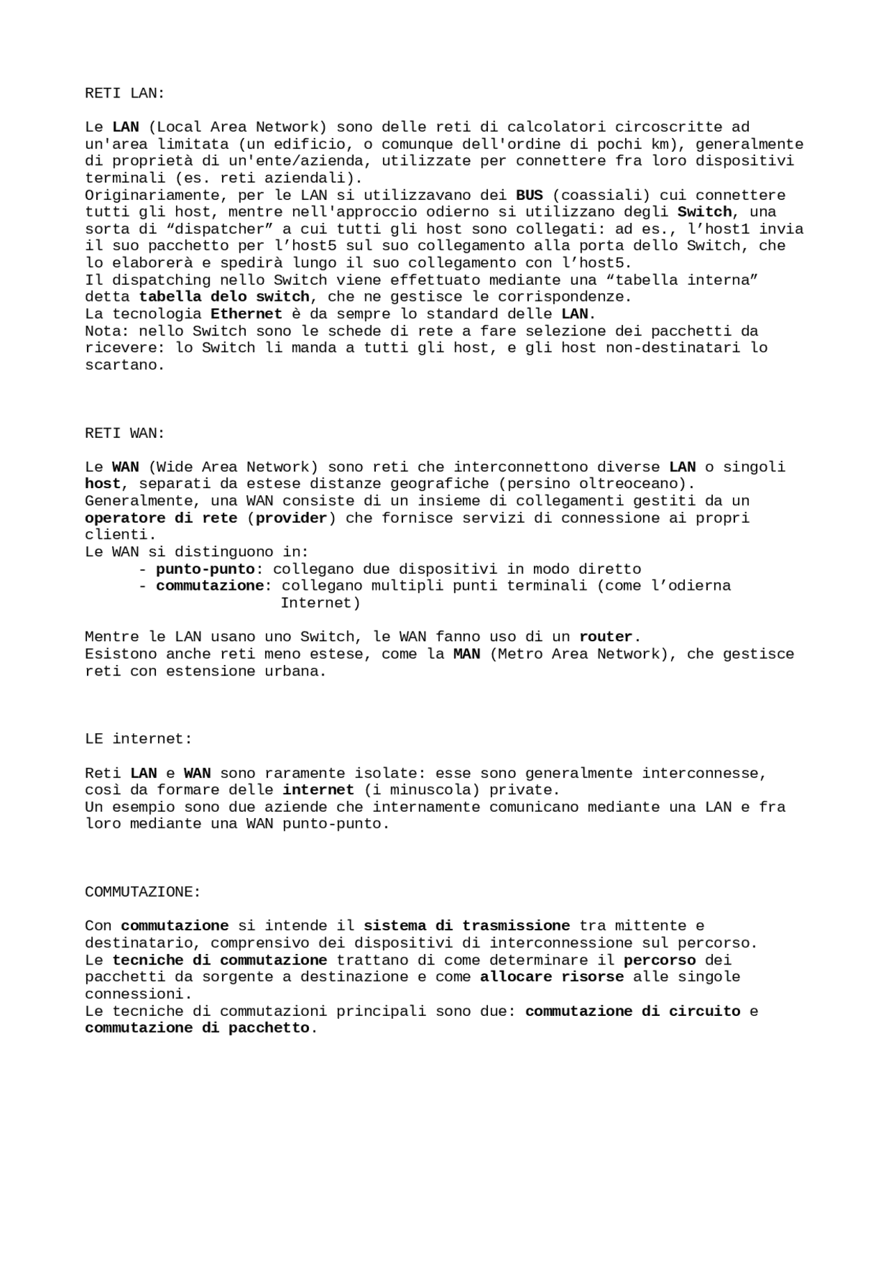 Riassunto Reti Prima Parte Docsity