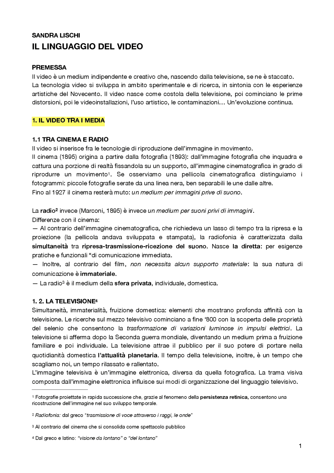 Sintesi Il Linguaggio Del Video Di Sandra Lischi Docsity