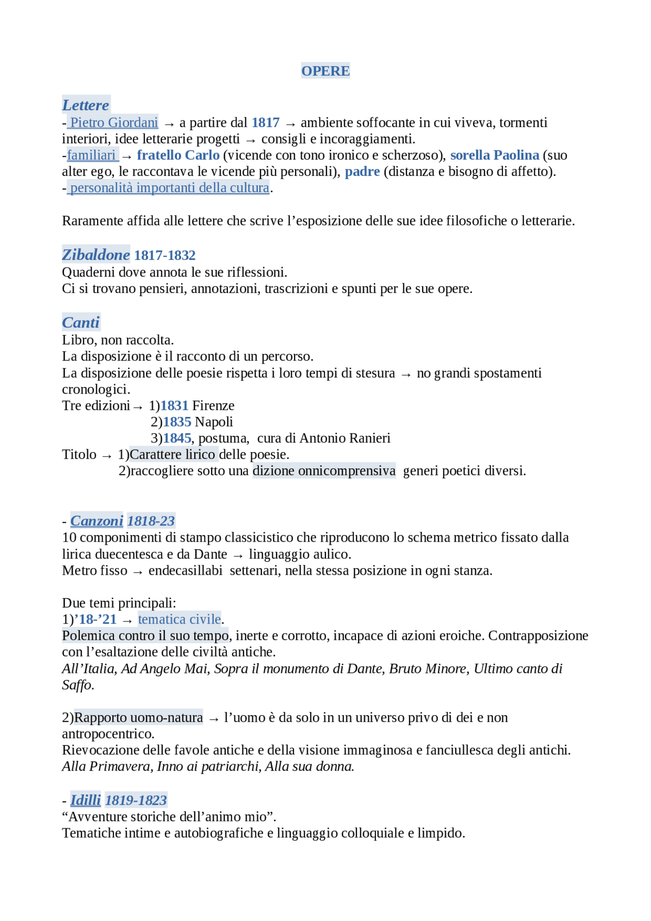 Appunti Leopardi Opere Docsity