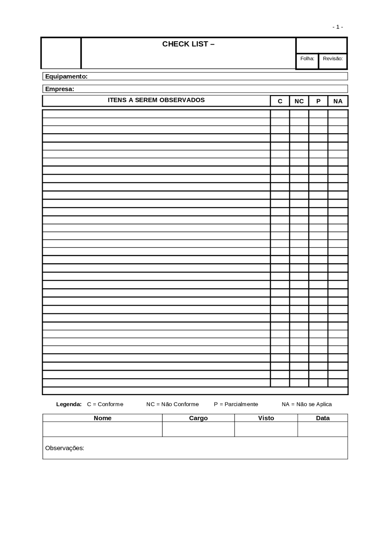 CHECK lIST EM BRANCO | Esquemas Segurança do Trabalho | Docsity