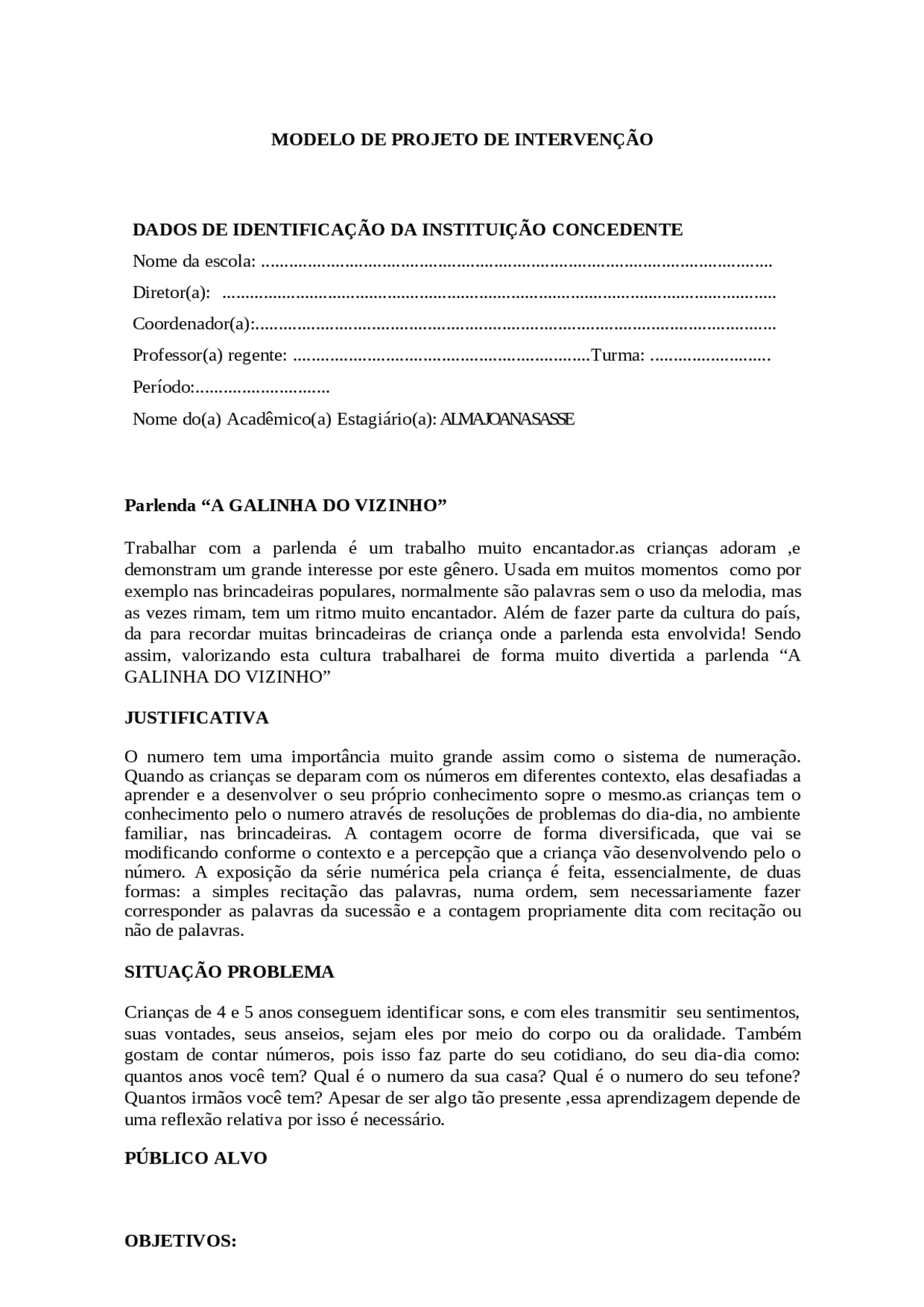 Modelo Projeto De Intervenção Uniasselve Pedagogia Docsity