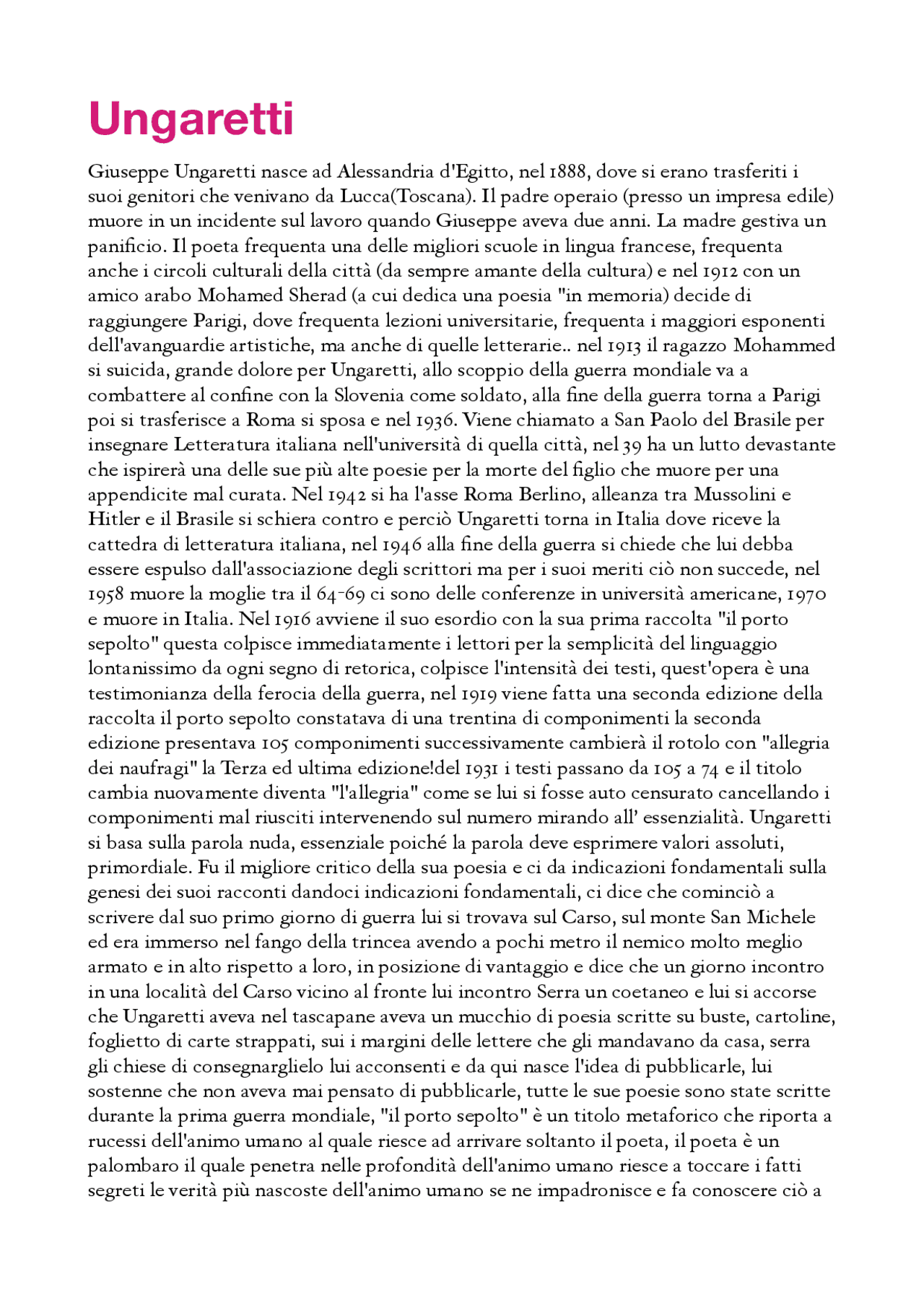 Giuseppe Ungaretti Vita E Opere Docsity