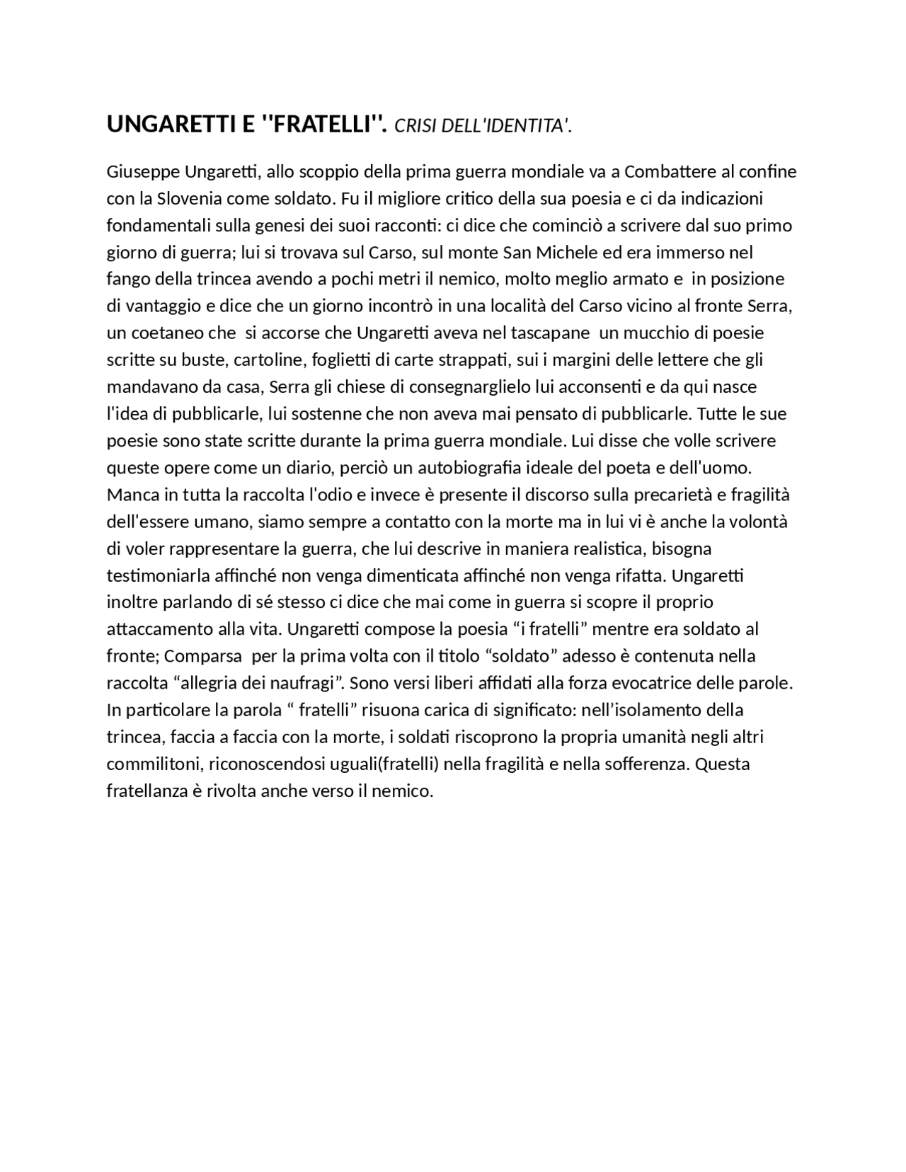 Giuseppe Ungaretti E Fratelli Docsity