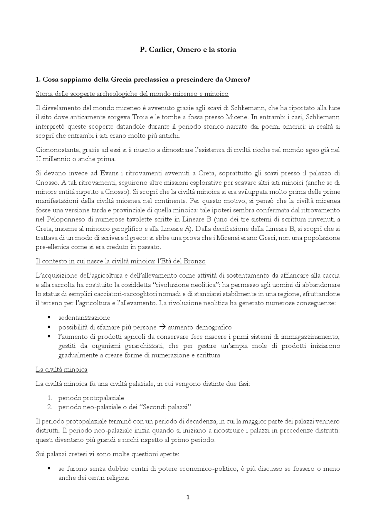 P Carlier Omero E La Storia Riassunto Generale Docsity