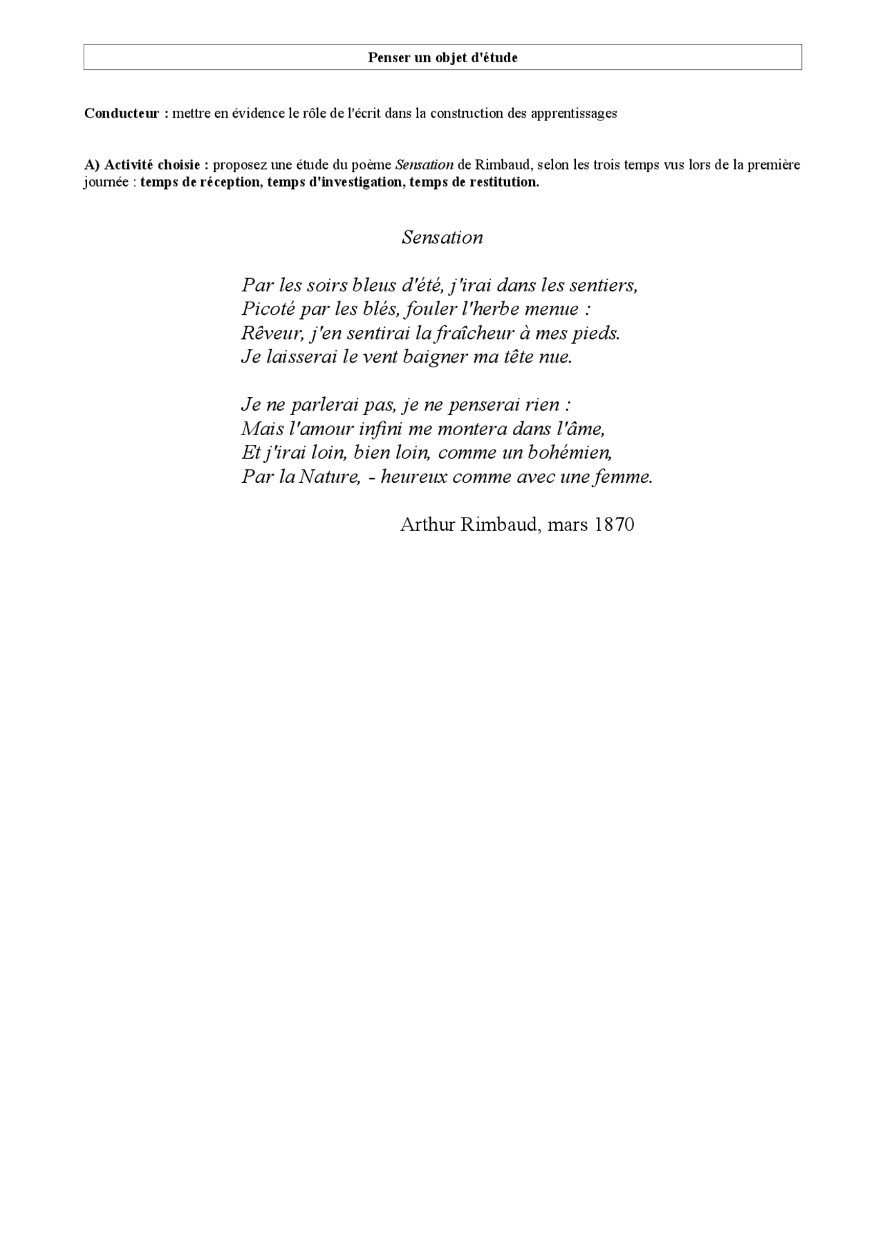 Étude du poème Sensation de Rimbaud | Lectures Littérature | Docsity