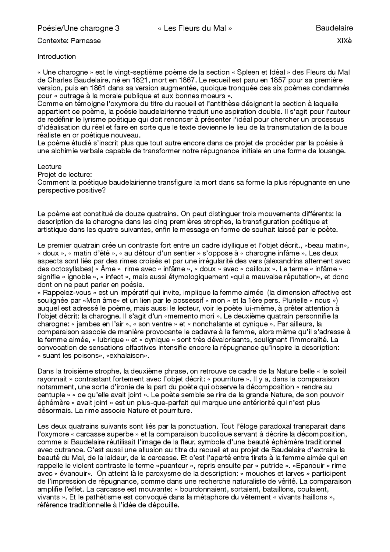 Baudelaire Une Charogne Lecture Analytique Docsity
