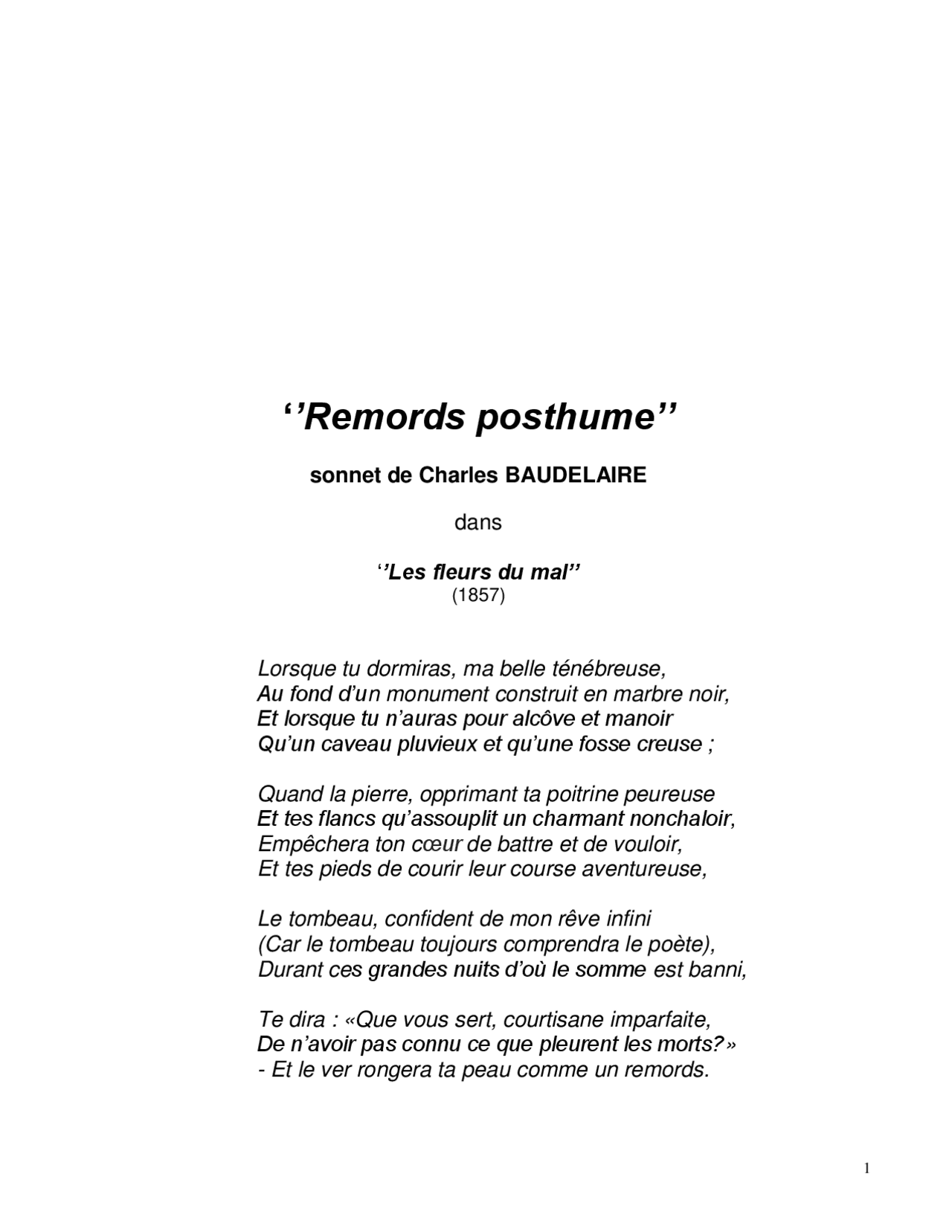 Baudelaire, ‘’Remords posthume’’: analyse | Lectures Littérature | Docsity