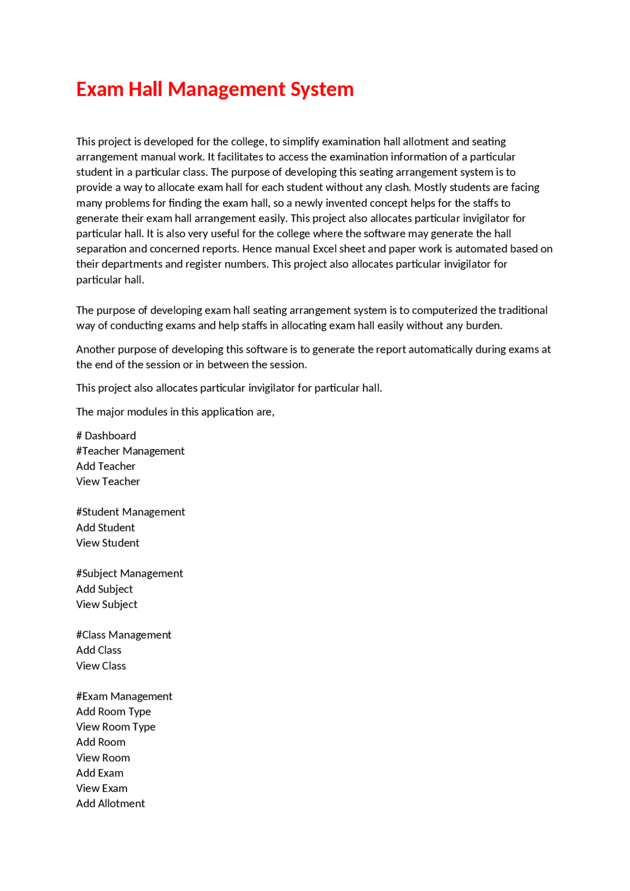 Exam Hall Management System | Cheat Sheet Information Systems | Docsity