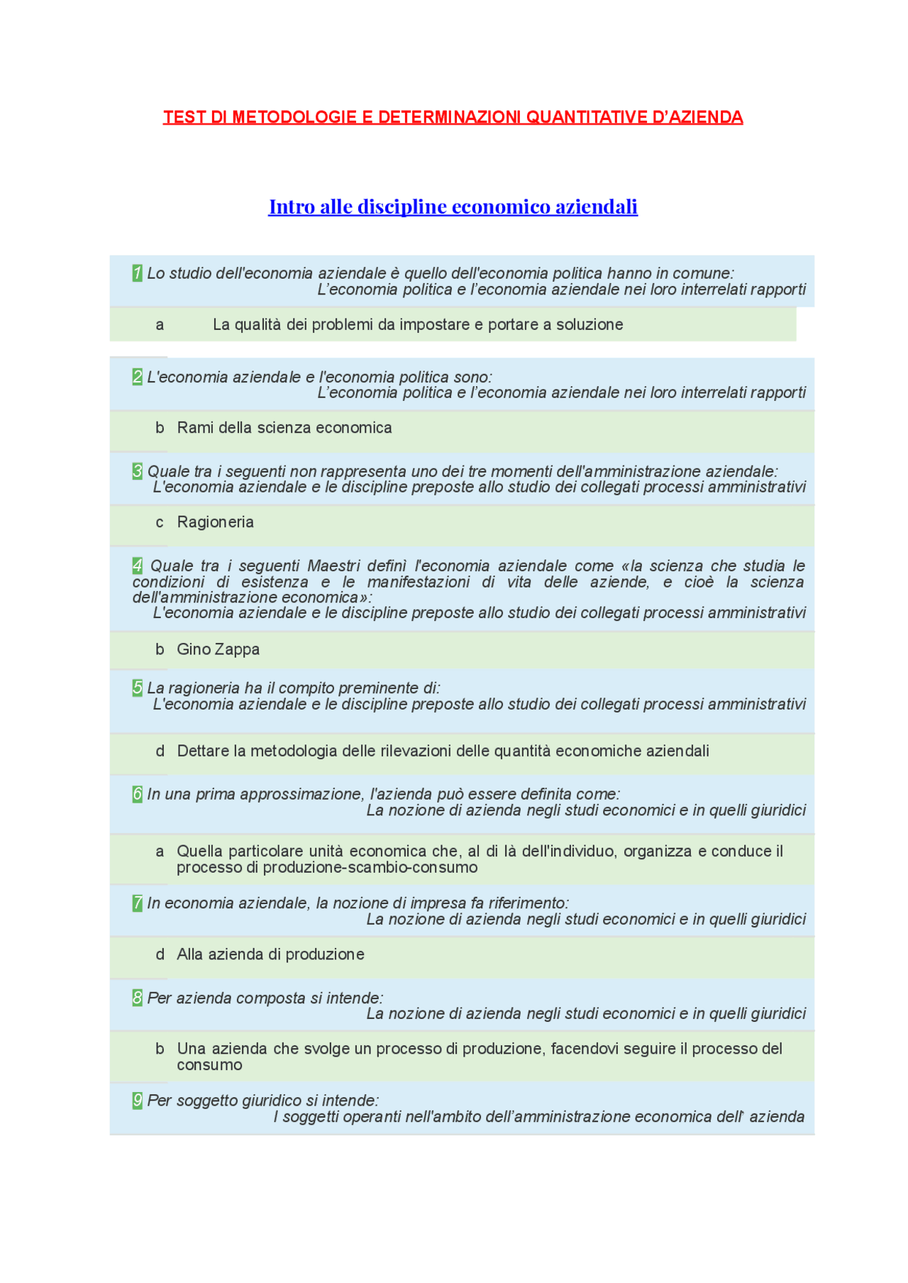 Test Di Metodologie E Determinazioni Quantitative Dazienda Docsity