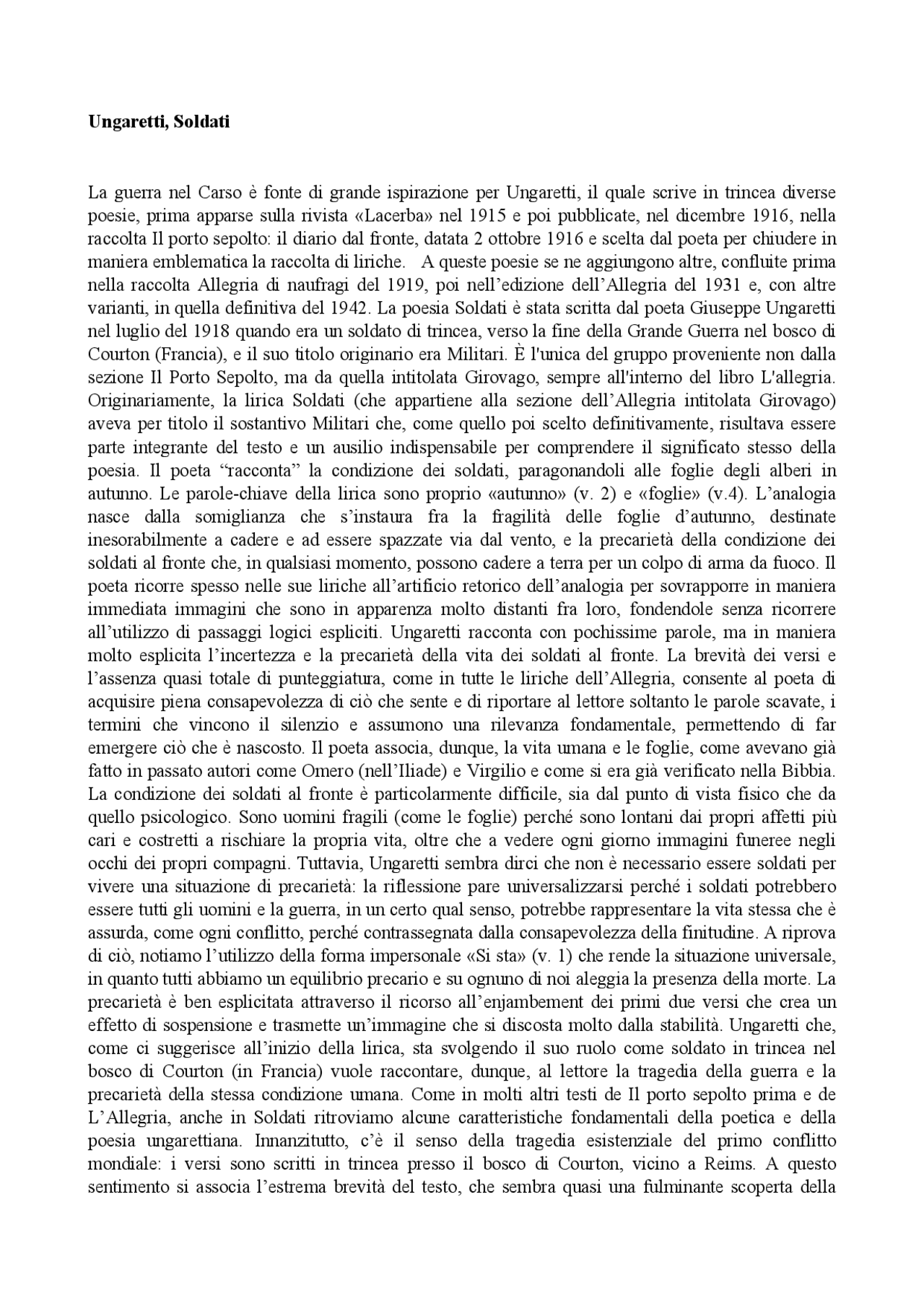 Ungaretti I ‘ Soldati ‘ Docsity