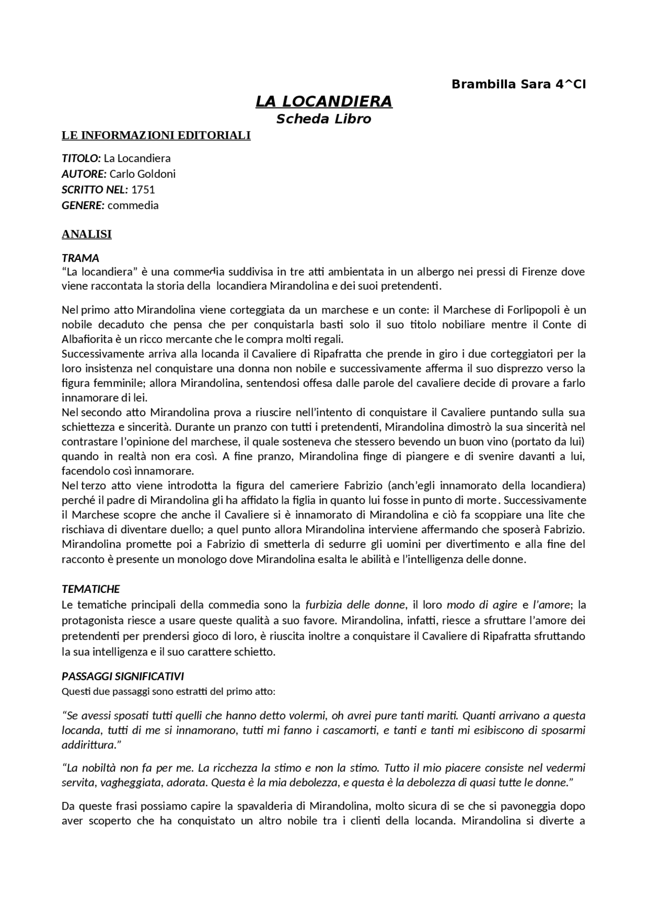 Scheda Libro Completa La Locandiera Di Goldoni Docsity