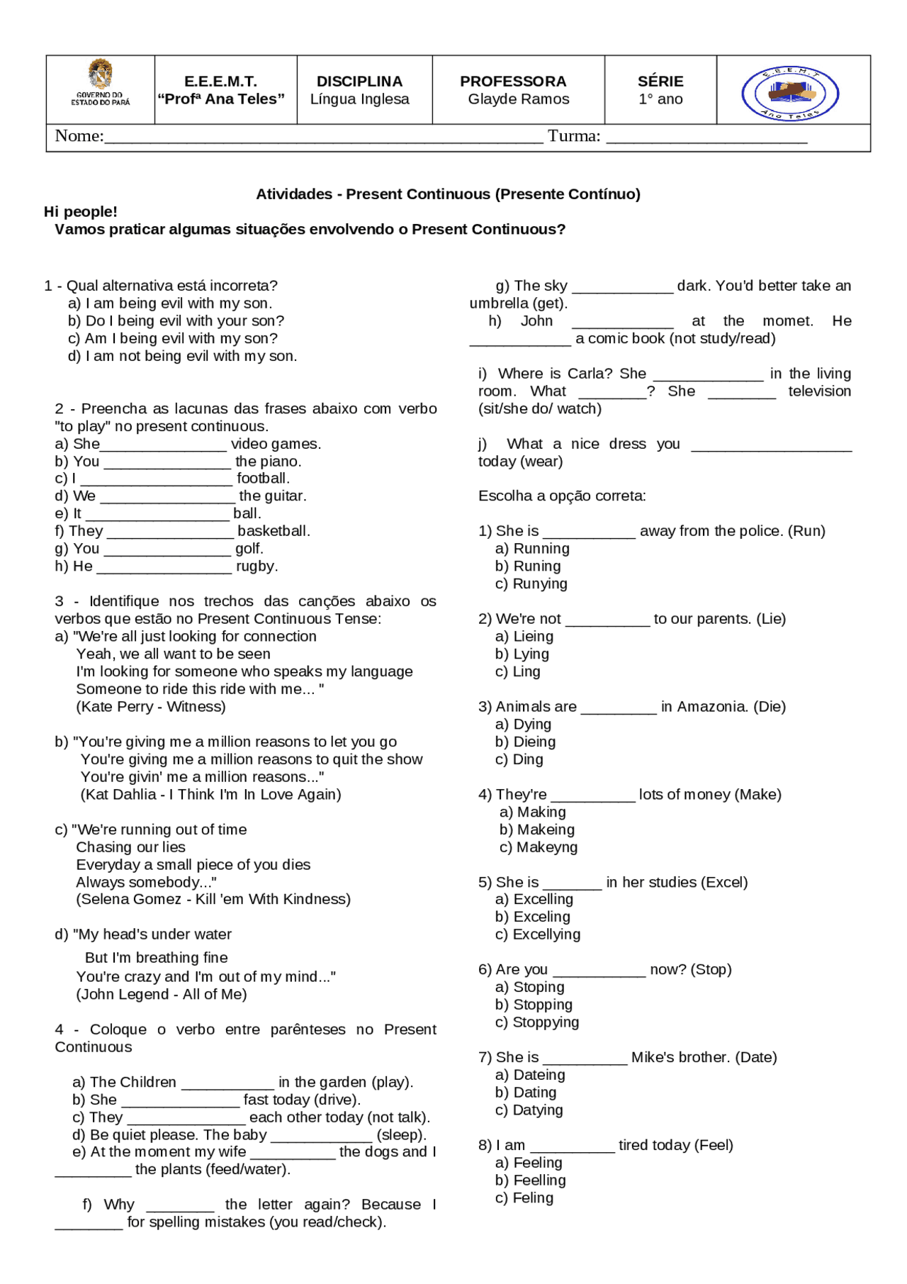 Exercícios de Inglês: Present Continuous (Presente Contínuo) - 1º Ano | Exercícios Inglês | Docsity