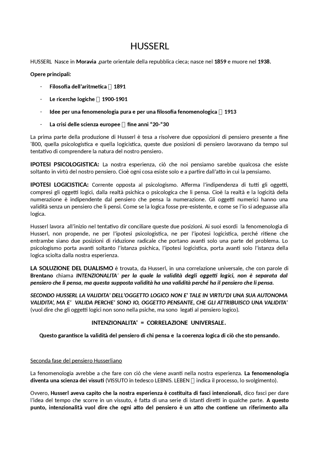 Sintesi Del Filosofo Husserl Docsity