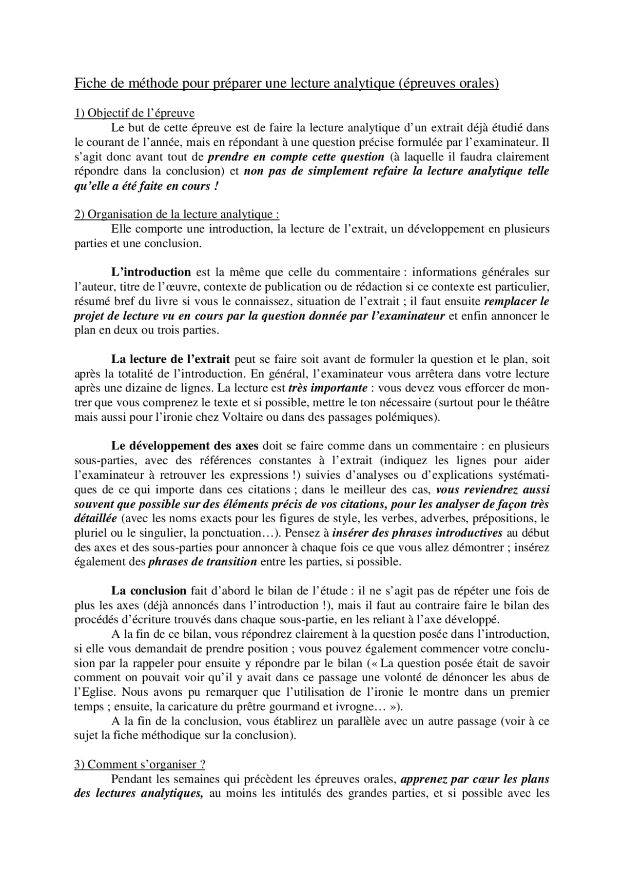 Fiche de méthode pour préparer une lecture analytique (épreuves orales ...