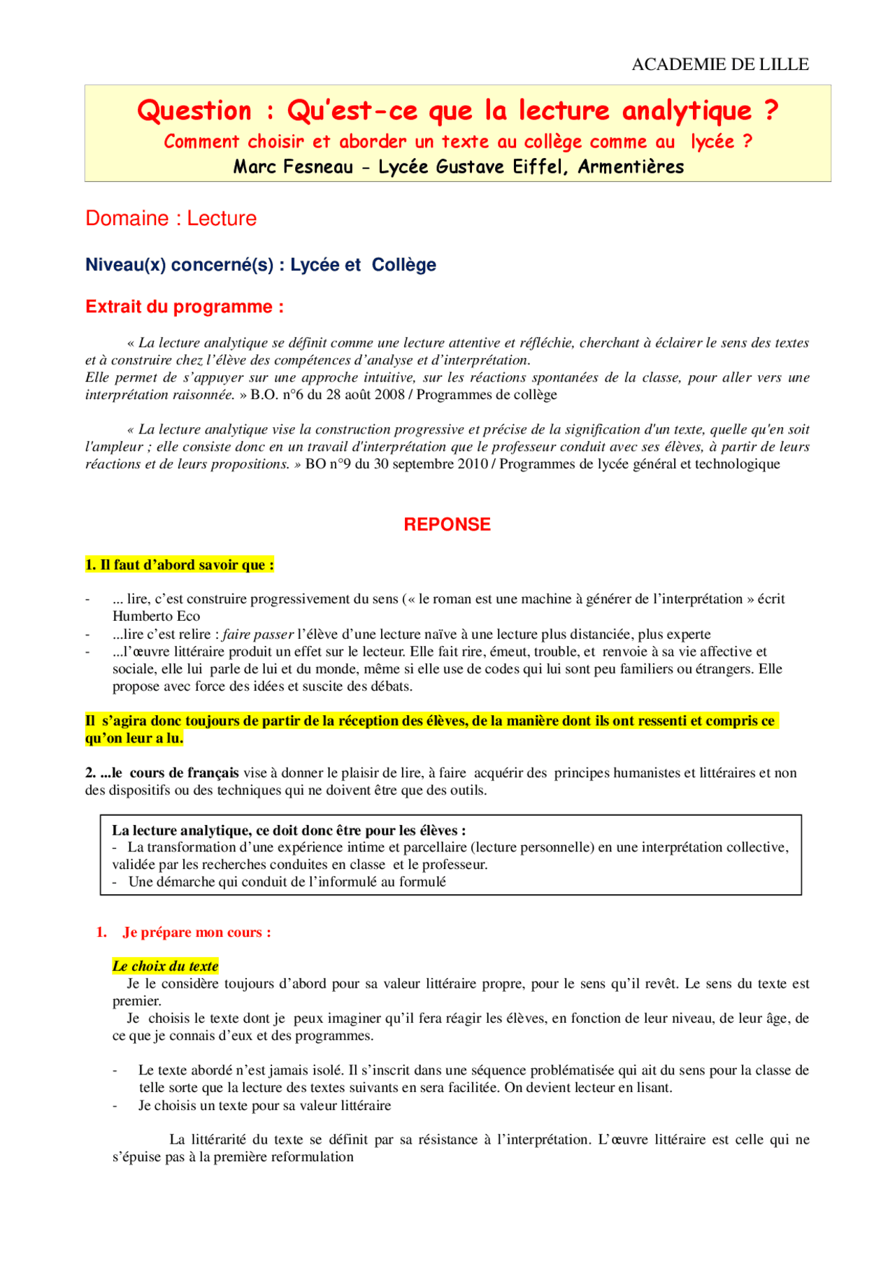 Quest Ce Que La Lecture Analytique Docsity