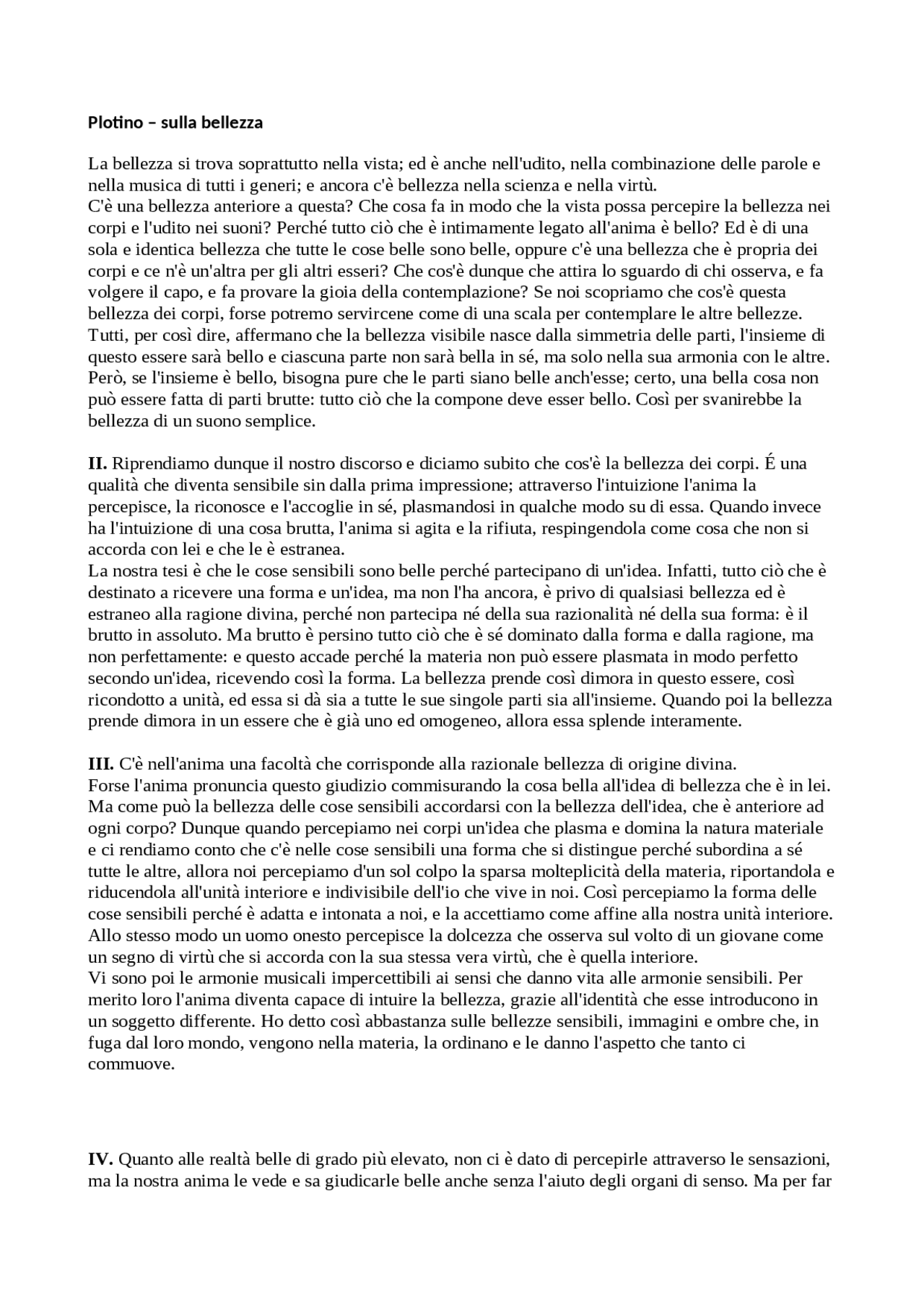 Riassunto sul trattato di Plotino - sulla bellezza - Docsity