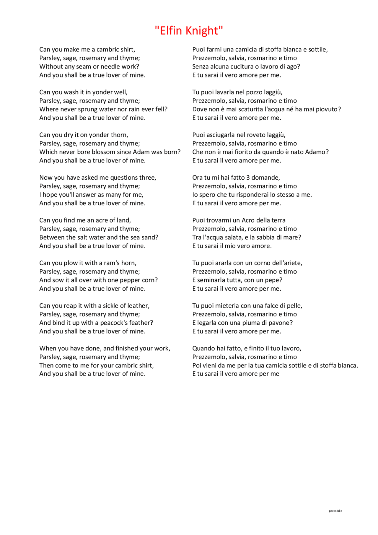 "Elfin Knight" testo originale | Dispense di Inglese | Docsity