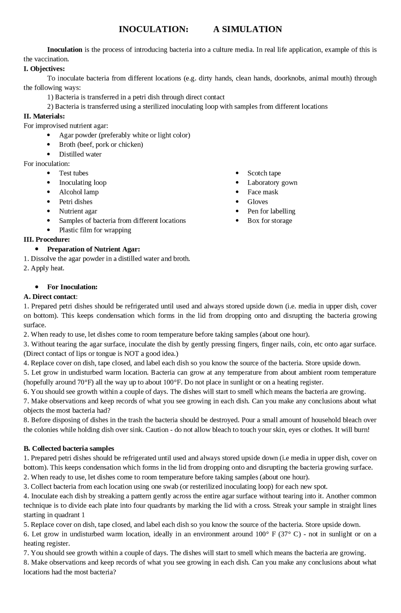 Inoculation of different specimens - Docsity