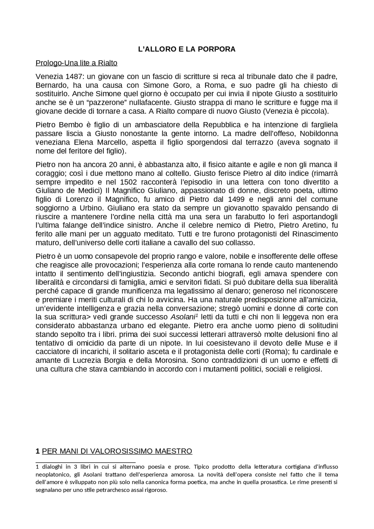 Riassunto Lalloro E La Porpora Vita Di Pietro Bembo Docsity