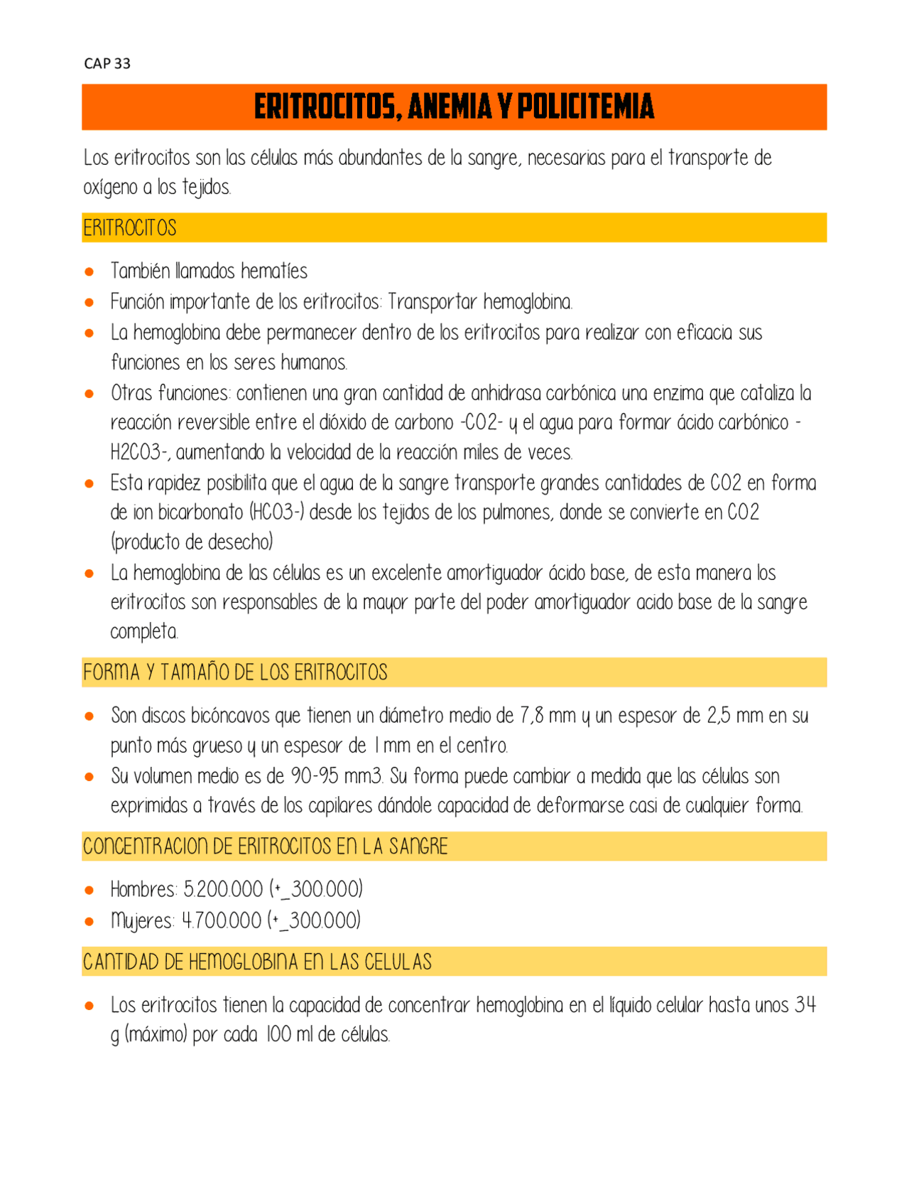 Cap 33 Guyton. Eritrocitos, anemia y polictemia - Docsity