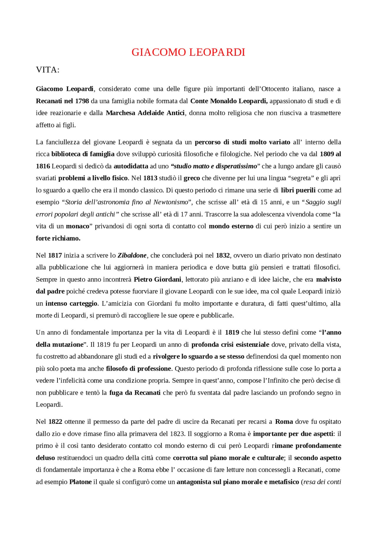 Operette Morali Riassunto E Vita Di Leopardi Docsity