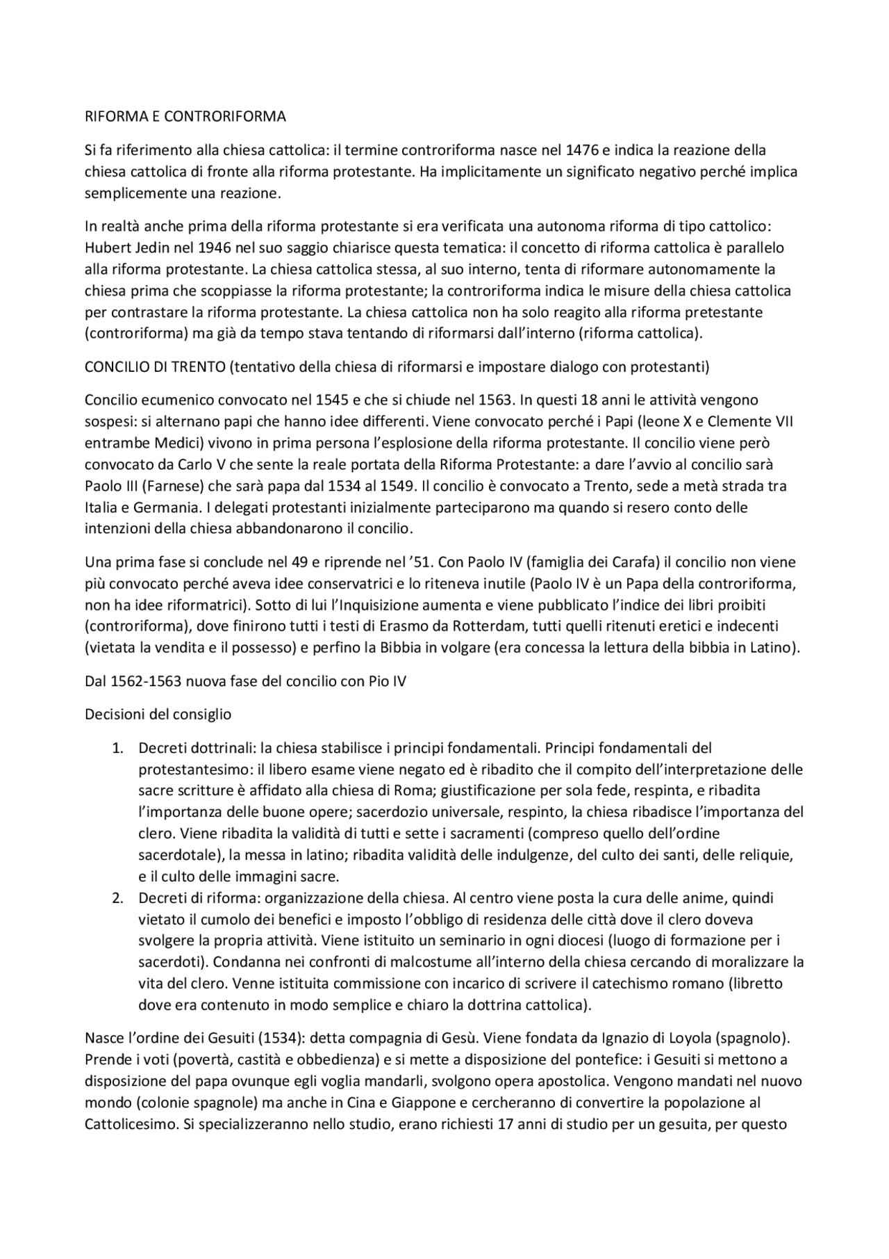 La Riforma E La Controriforma Docsity