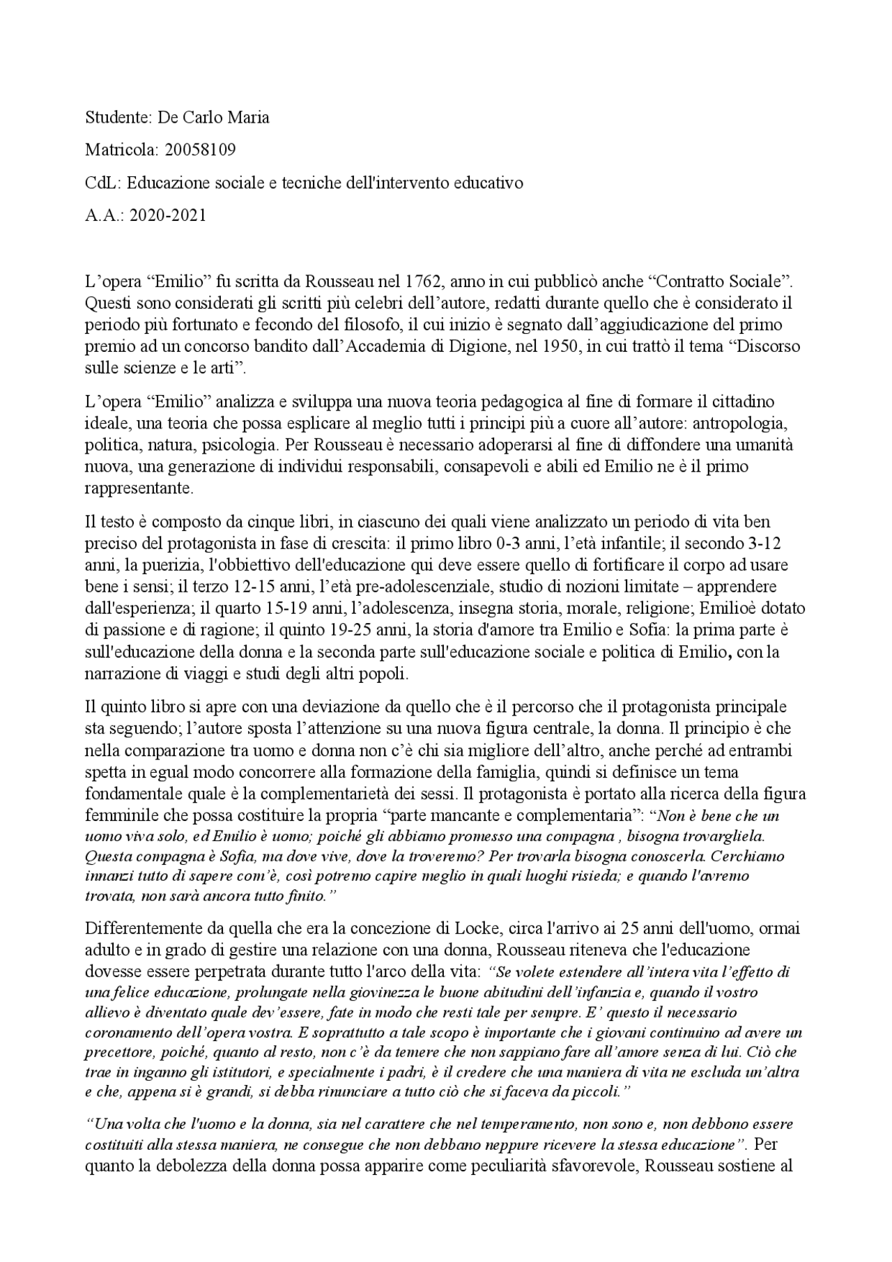 Riassunto Quinto Libro Emilio Docsity