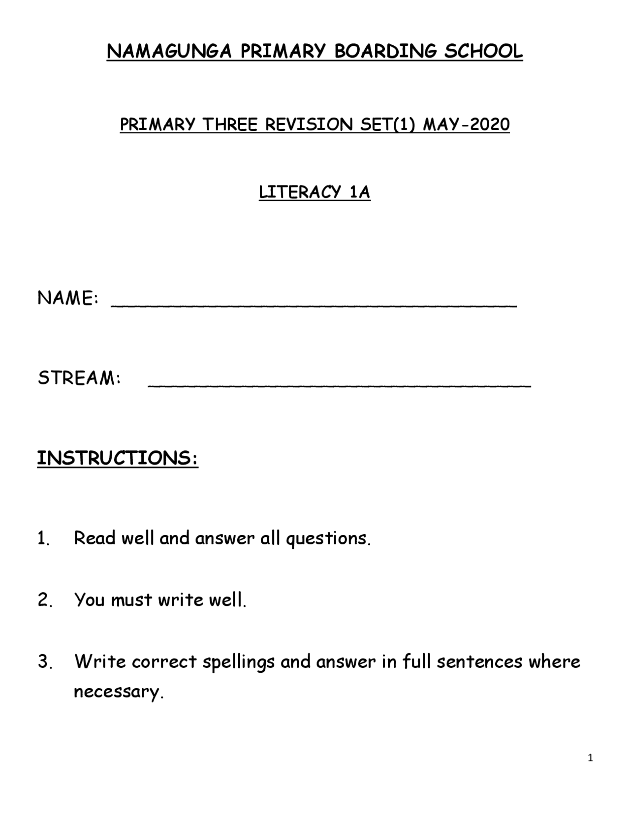 Primary 3 Revision Set: Literacy 1A Exercise for Namagunga Students May ...