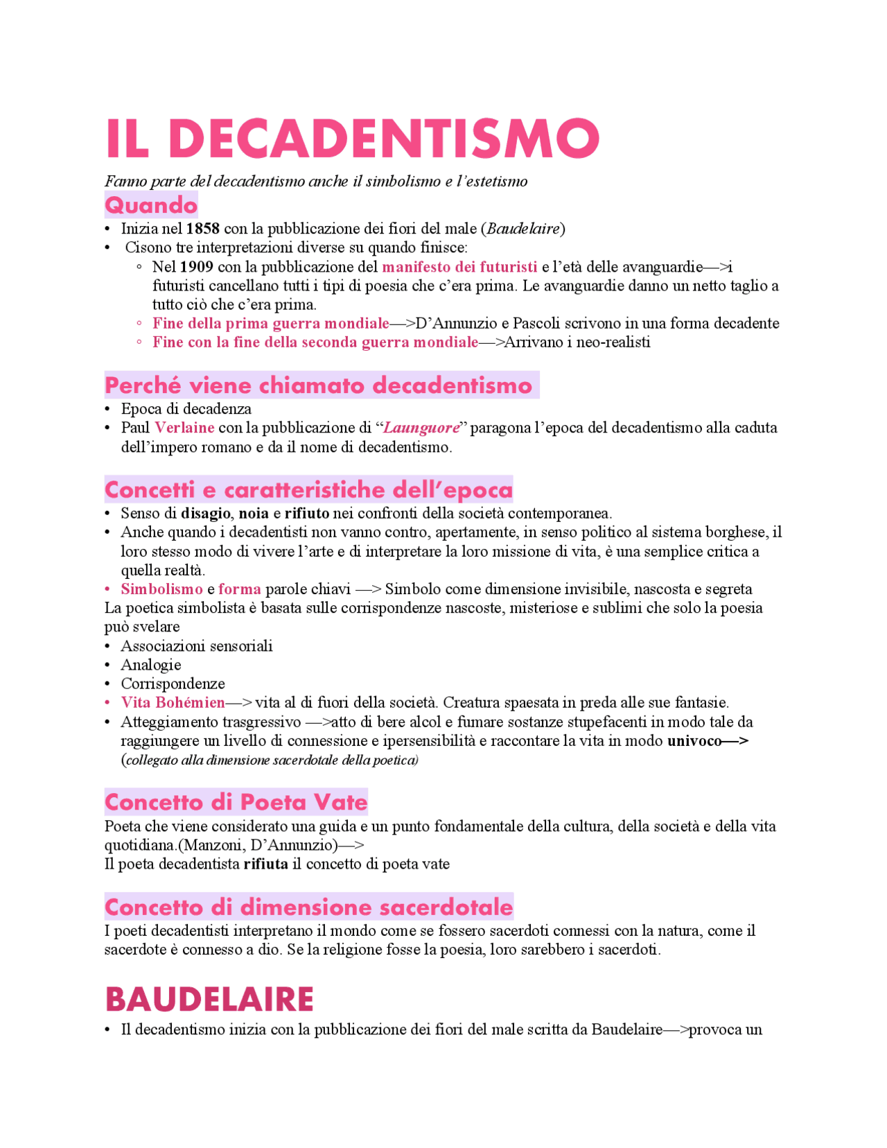 Letteratura Il Decadentismo Docsity