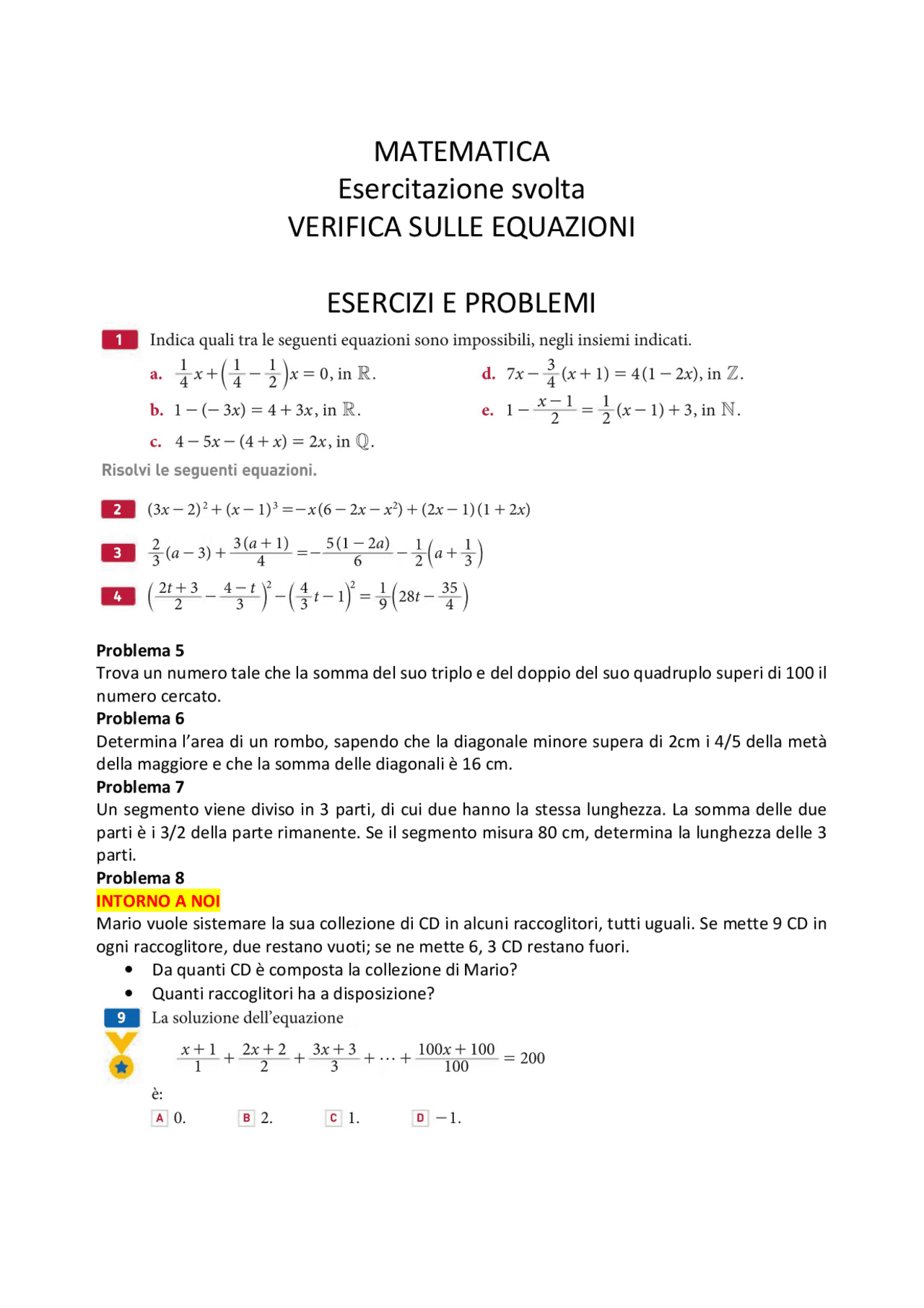 Verifica sulle equazioni lineari. esercizi e problemi di primo grado ...