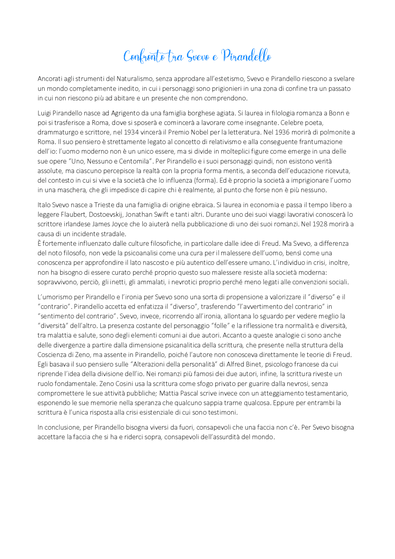 Confronto Tra Svevo E Pirandello Docsity
