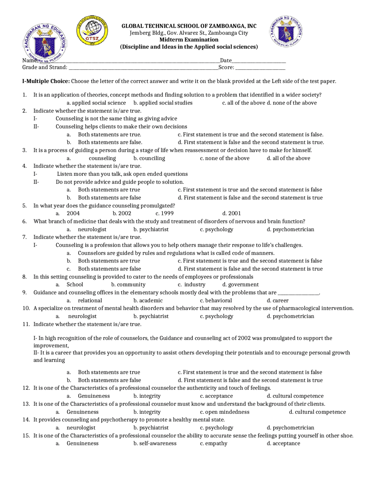 Examination on social sciences - Docsity