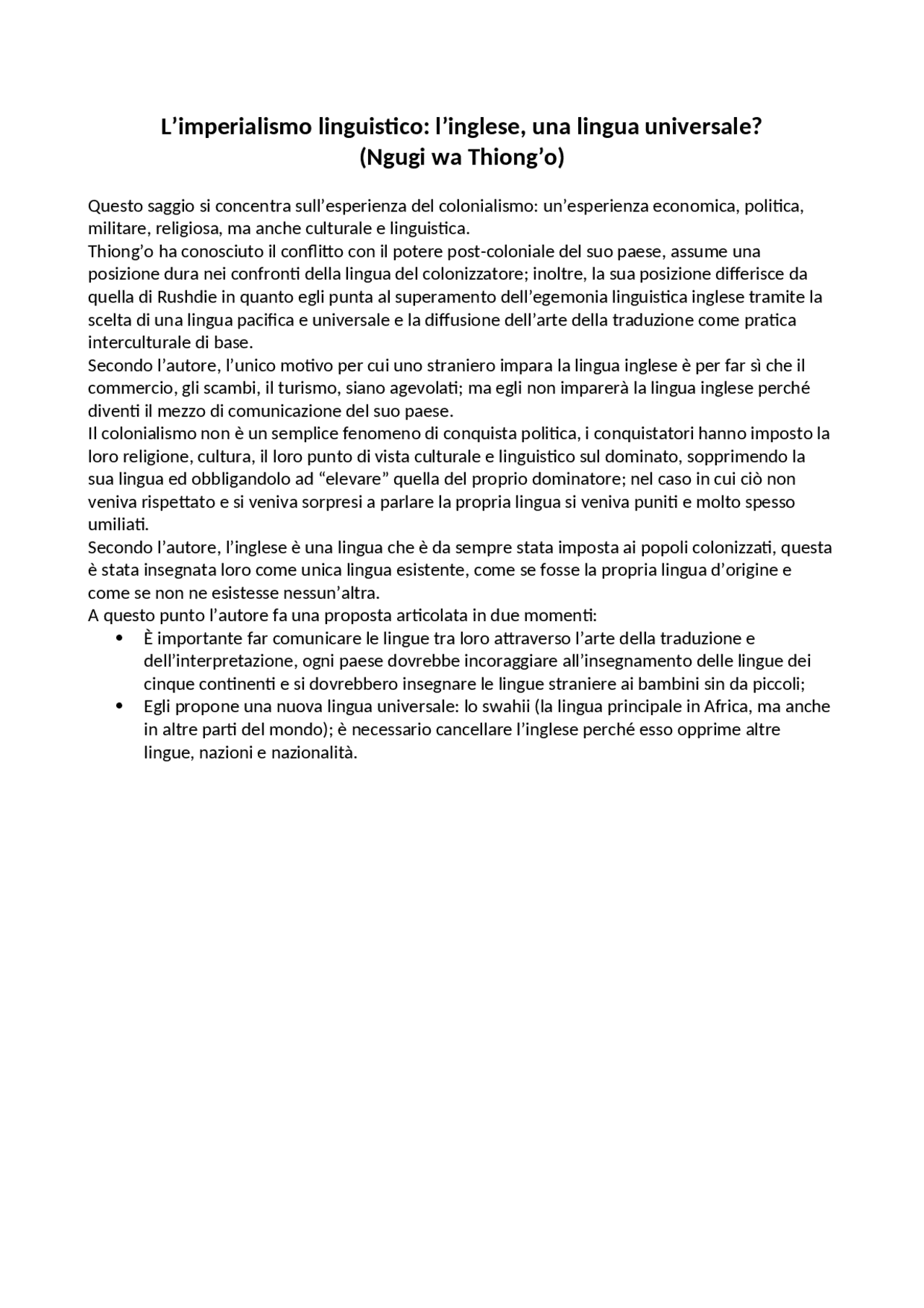 Riassunto Saggio Thiongo Docsity