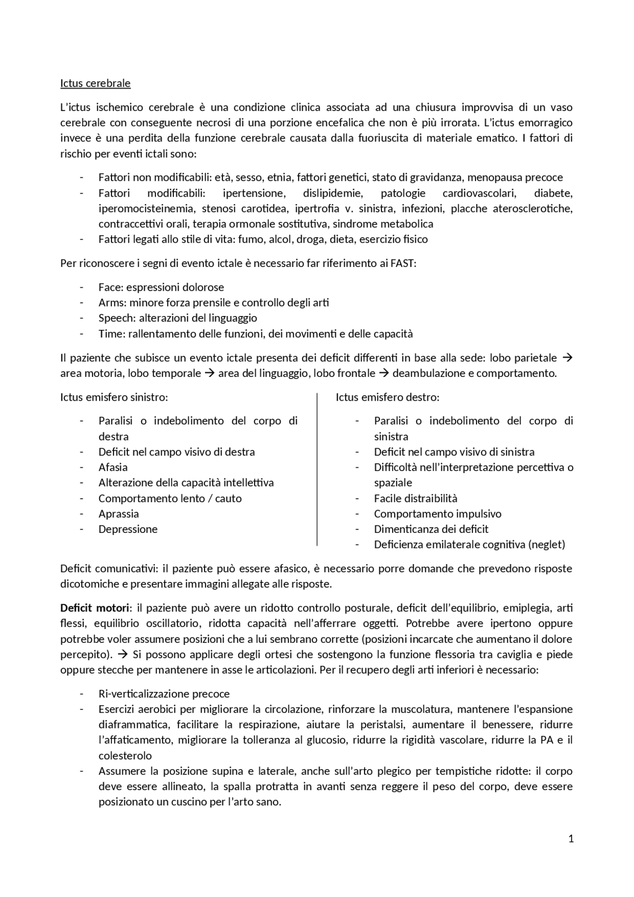 Sintesi Ictus Cerebrale Docsity