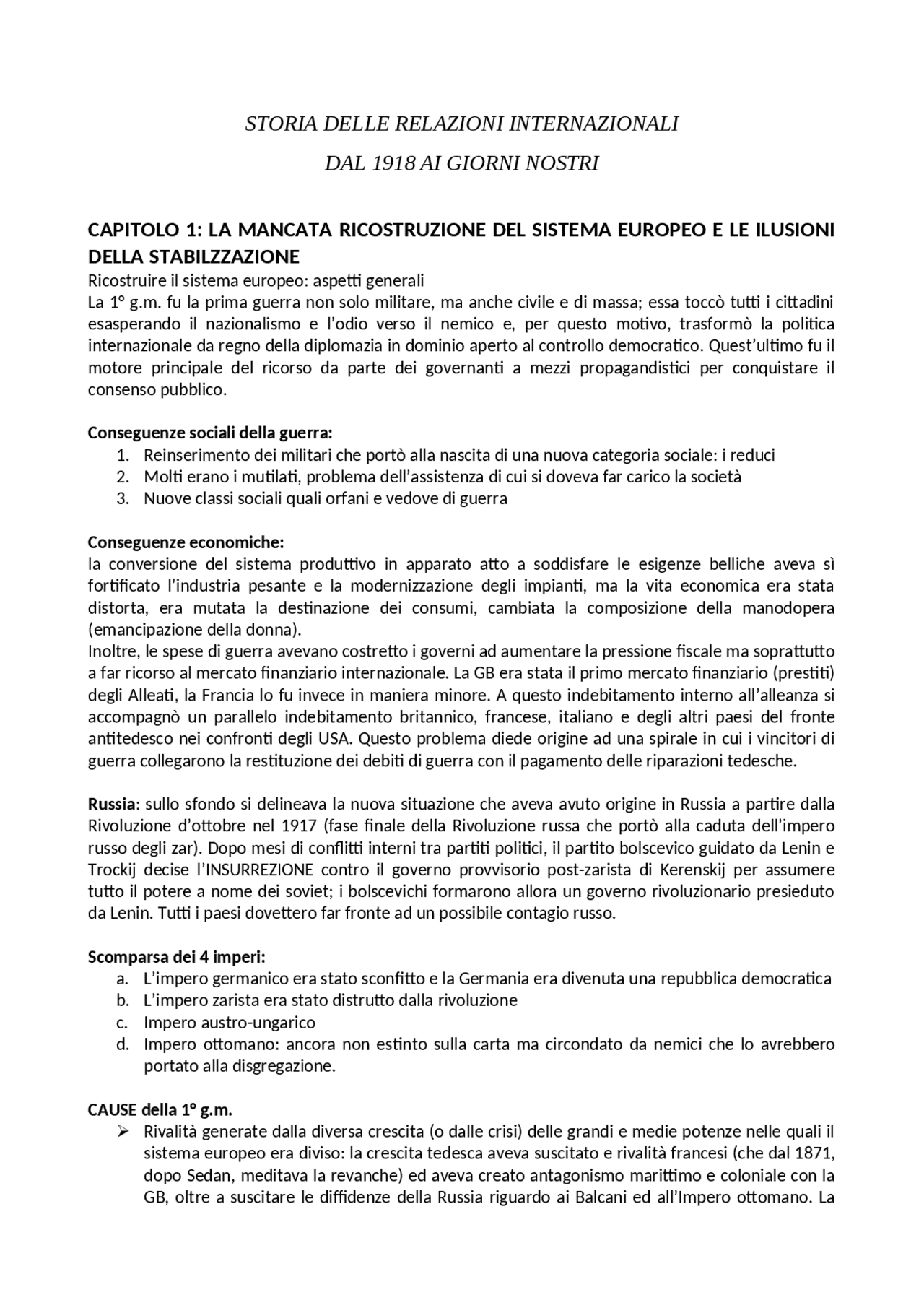 Storia Delle Relazioni Internazionali Riassunto Completo Docsity