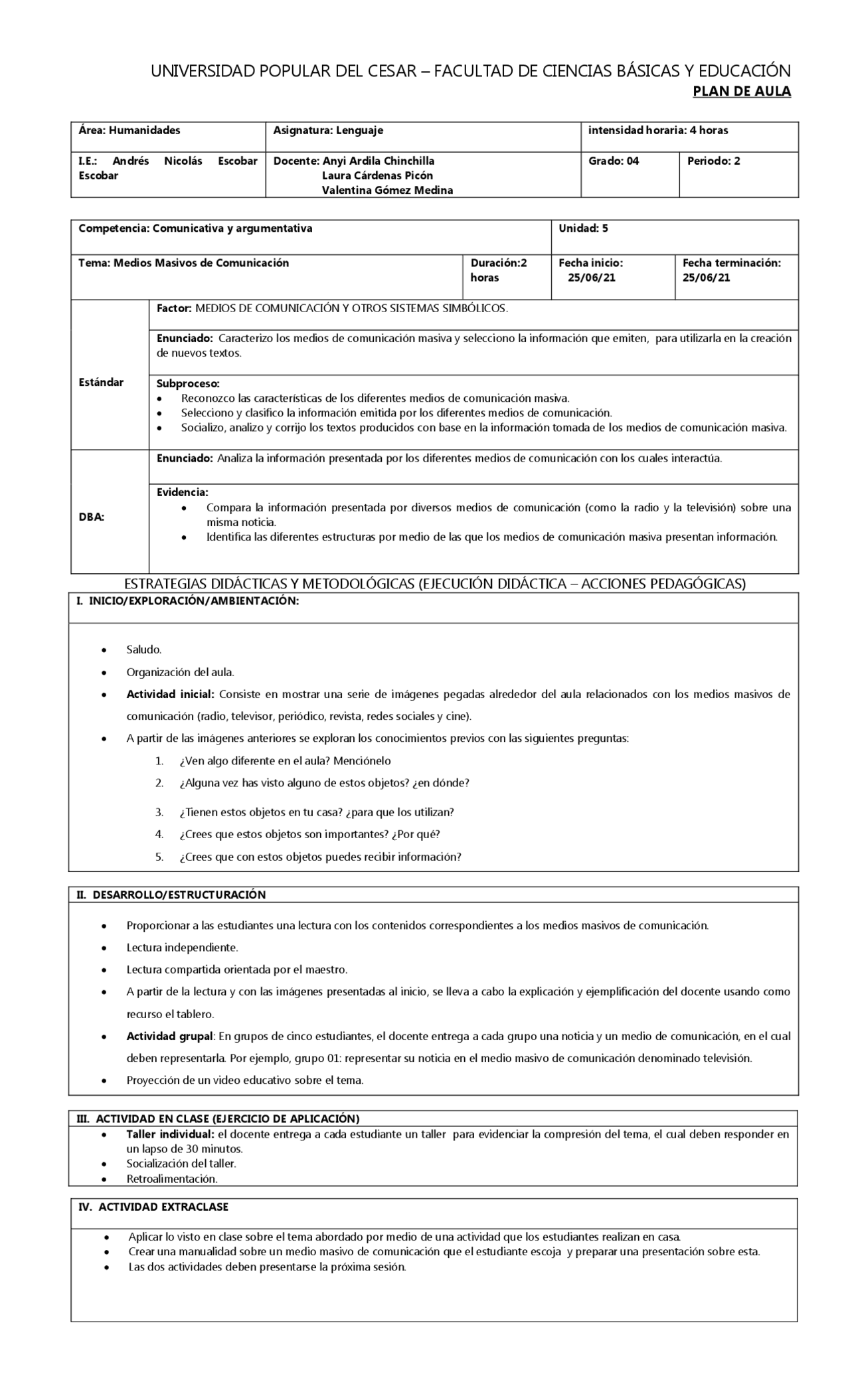 Planes De Lecciones 4to Grado