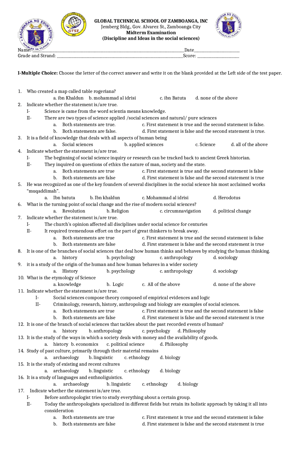 Examination on social sciences | Exams Sociology - Docsity
