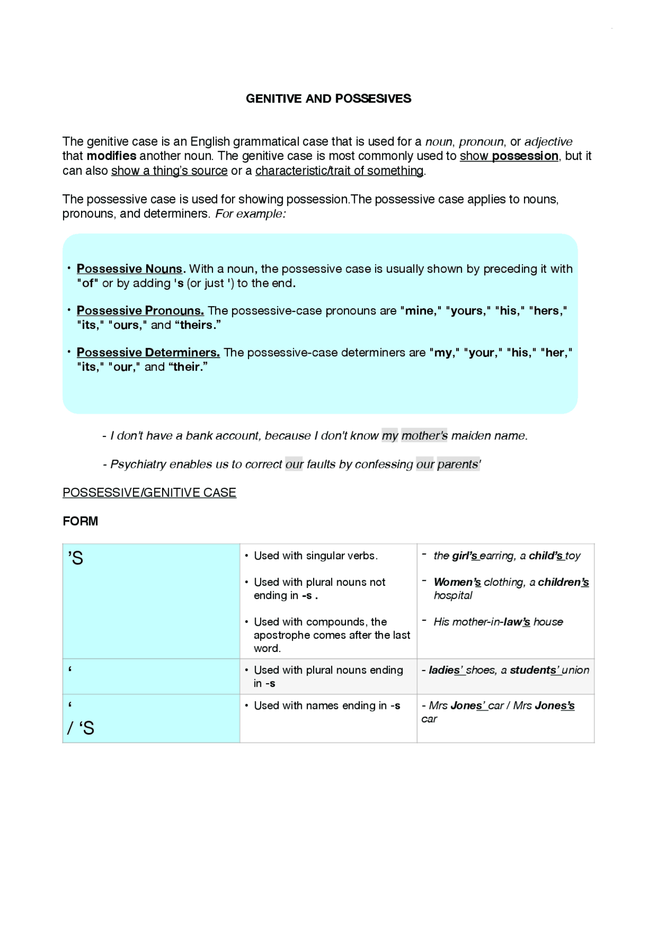 Genitive and possessives - Docsity