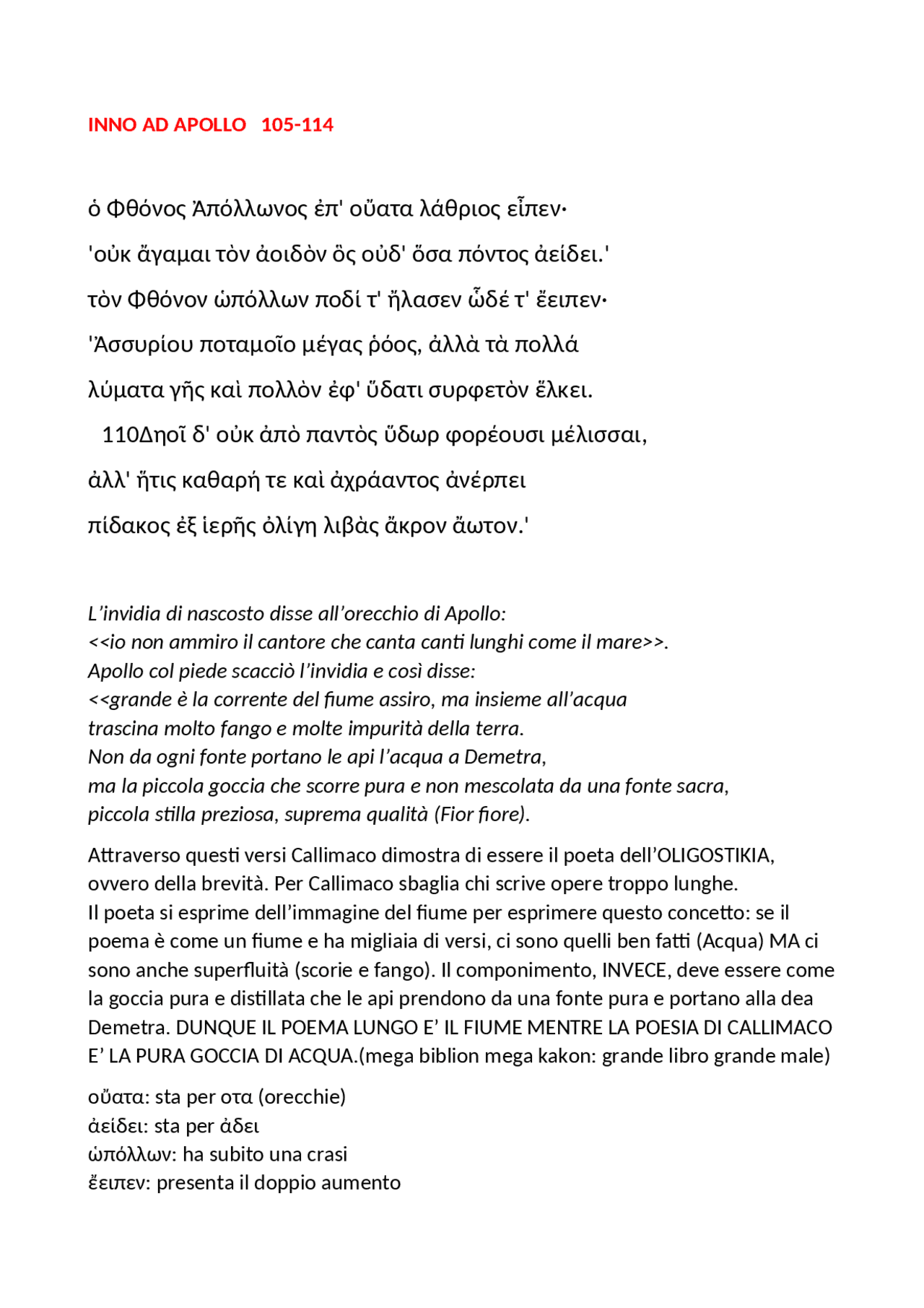 Linno Ad Apollo Di Callimaco Docsity
