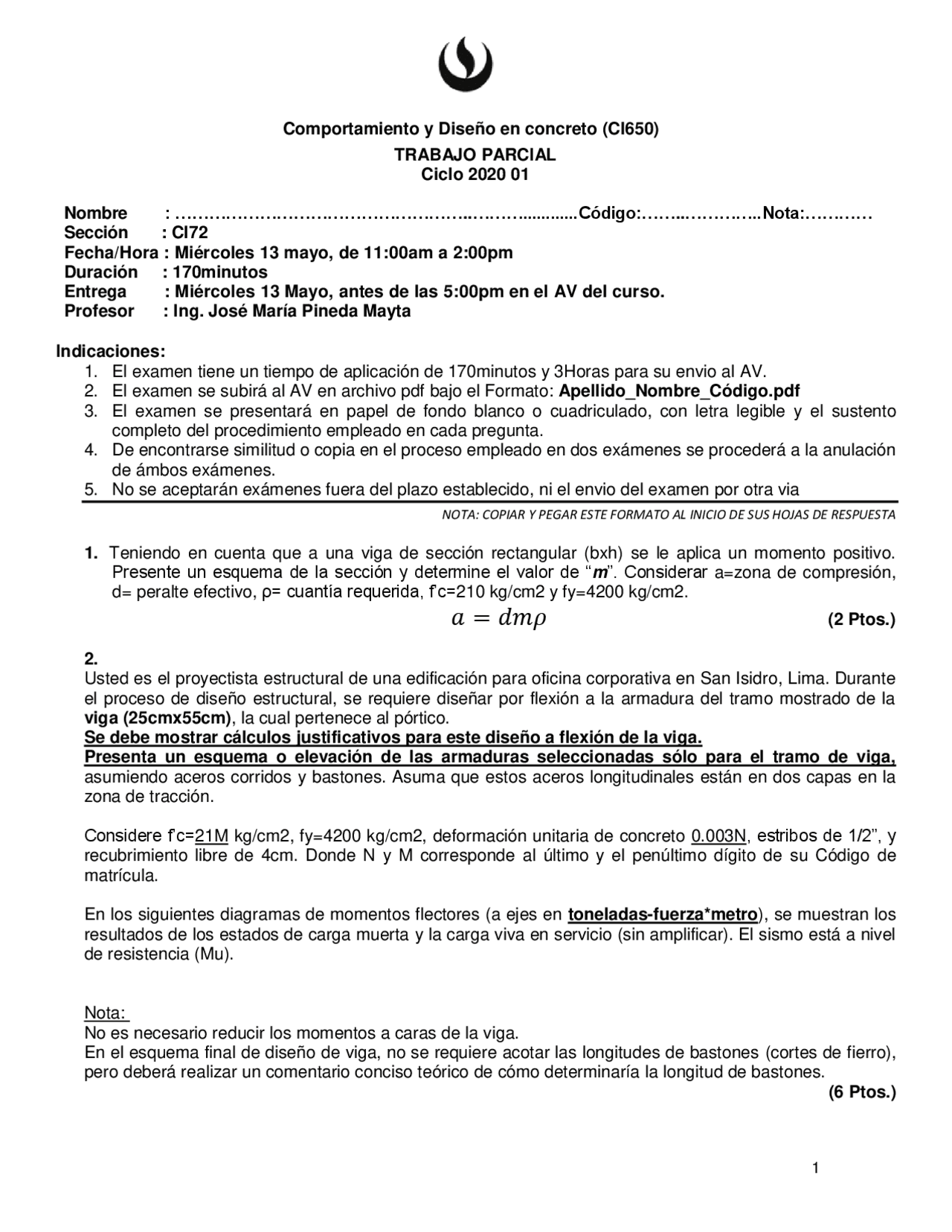 Examen Parcial Ciclo 2020 01 Exámenes De Análisis Estructural Docsity