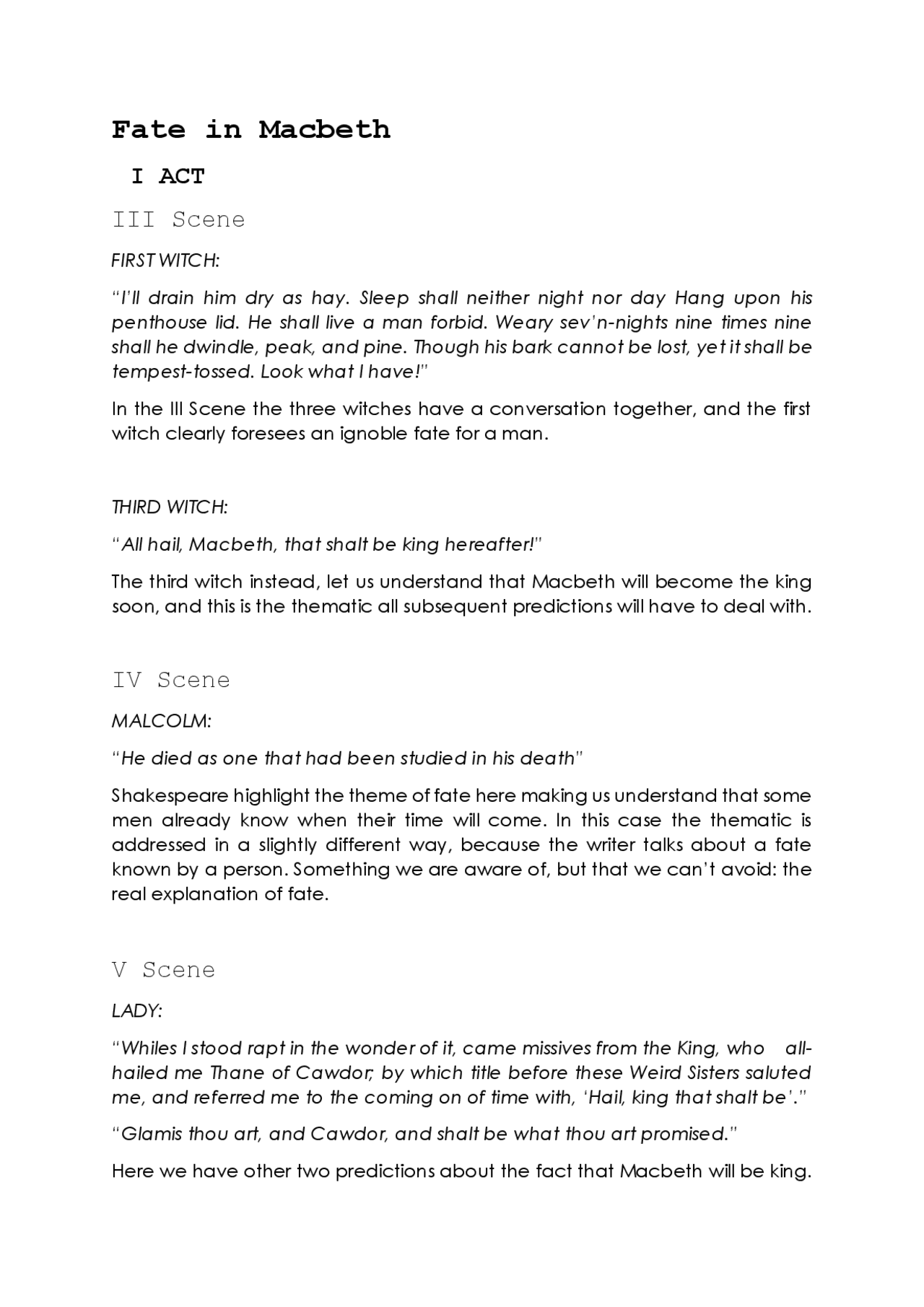 Fate in Macbeth Text Analysis | Temi di Inglese | Docsity