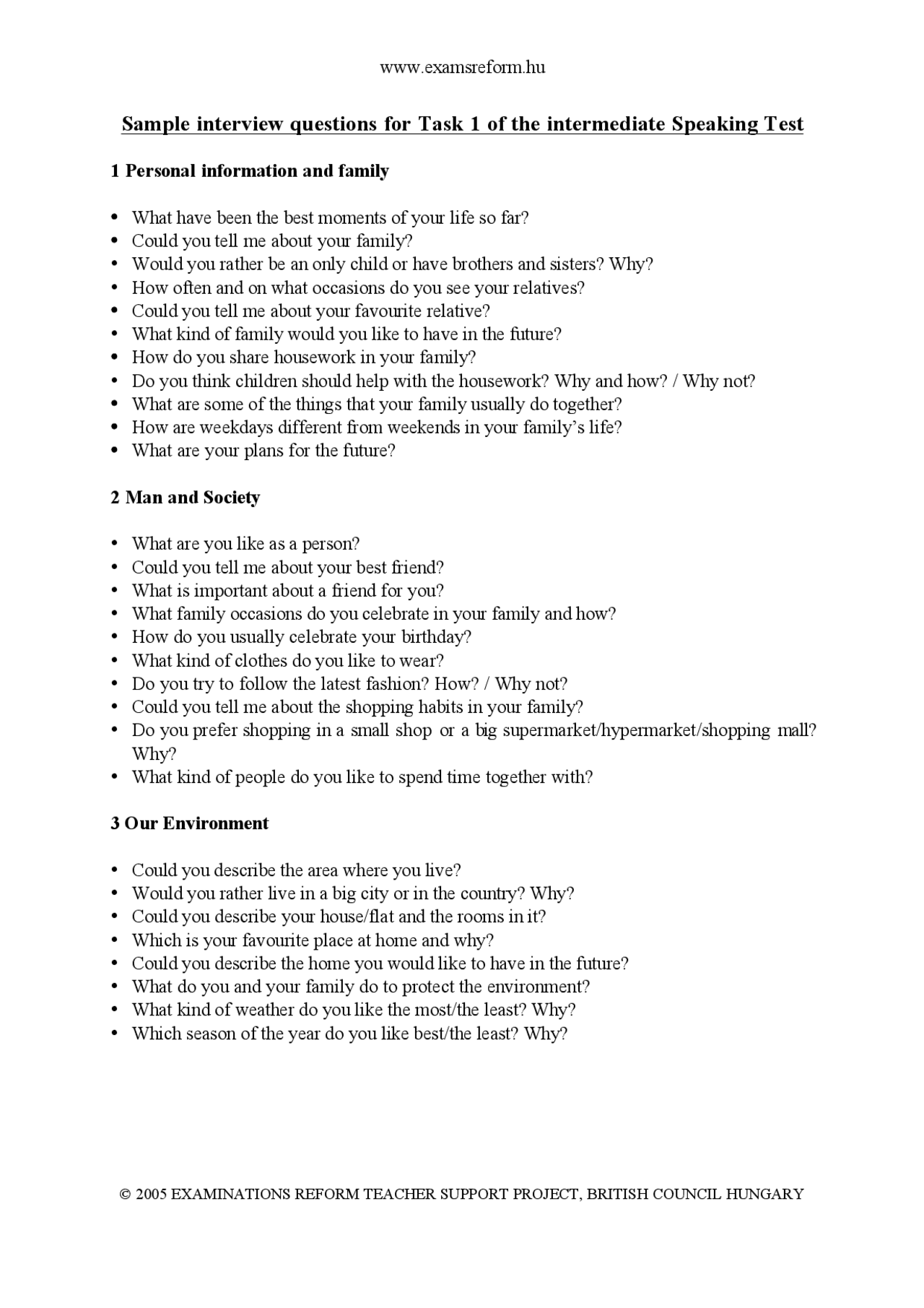 Intermediate Speaking Test Sample Interview Questions | Apuntes de ...