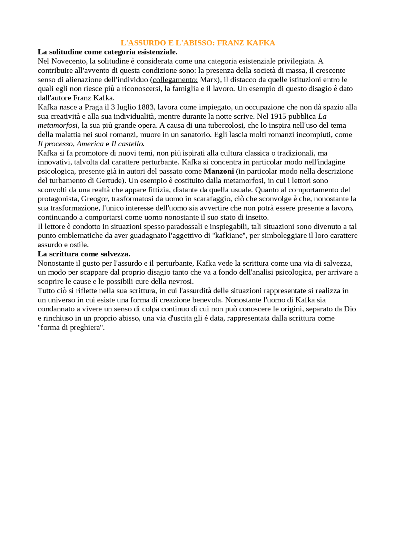 Riassunto Sulla Figura Di Franz Kafka Docsity