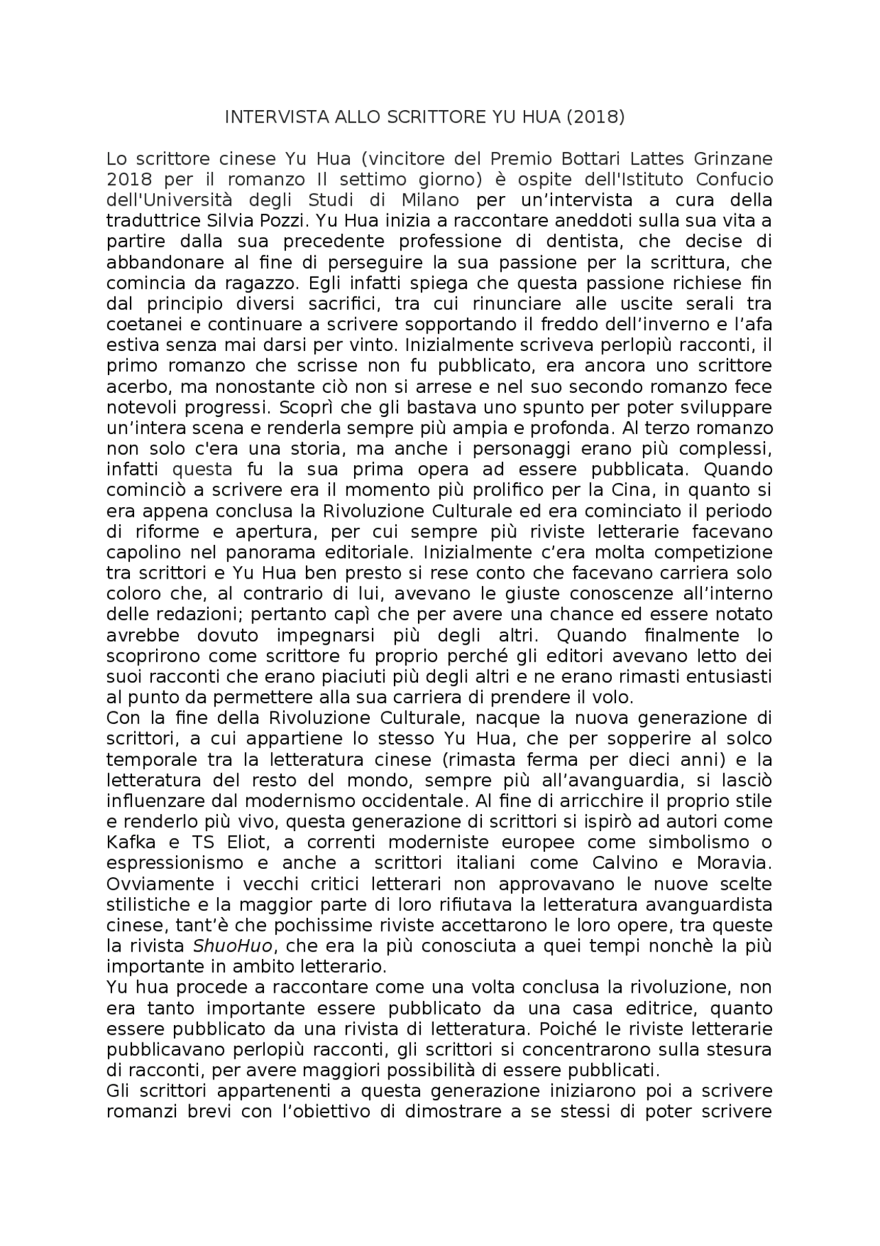 Intervista Scrittore Yu Hua Docsity
