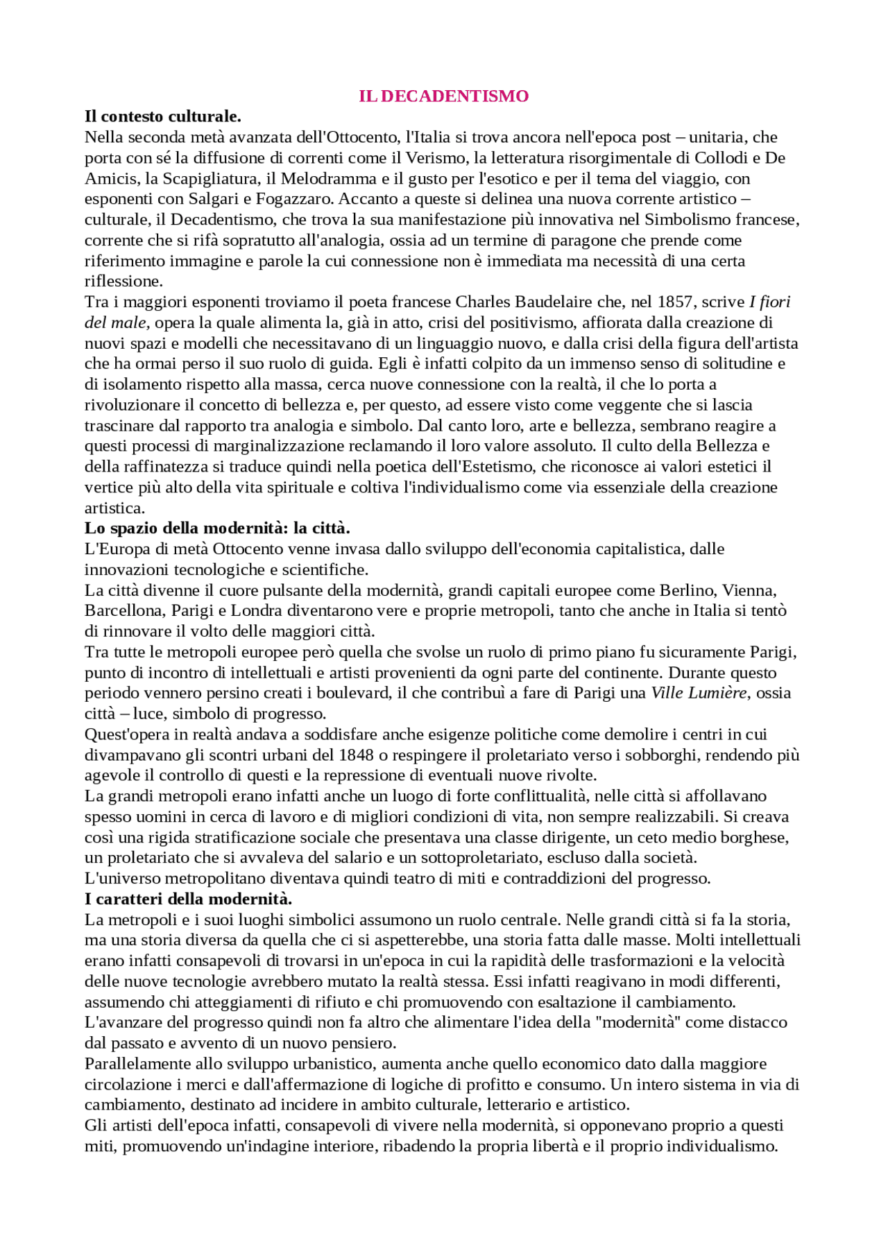 Sintesi Del Decadentismo Docsity
