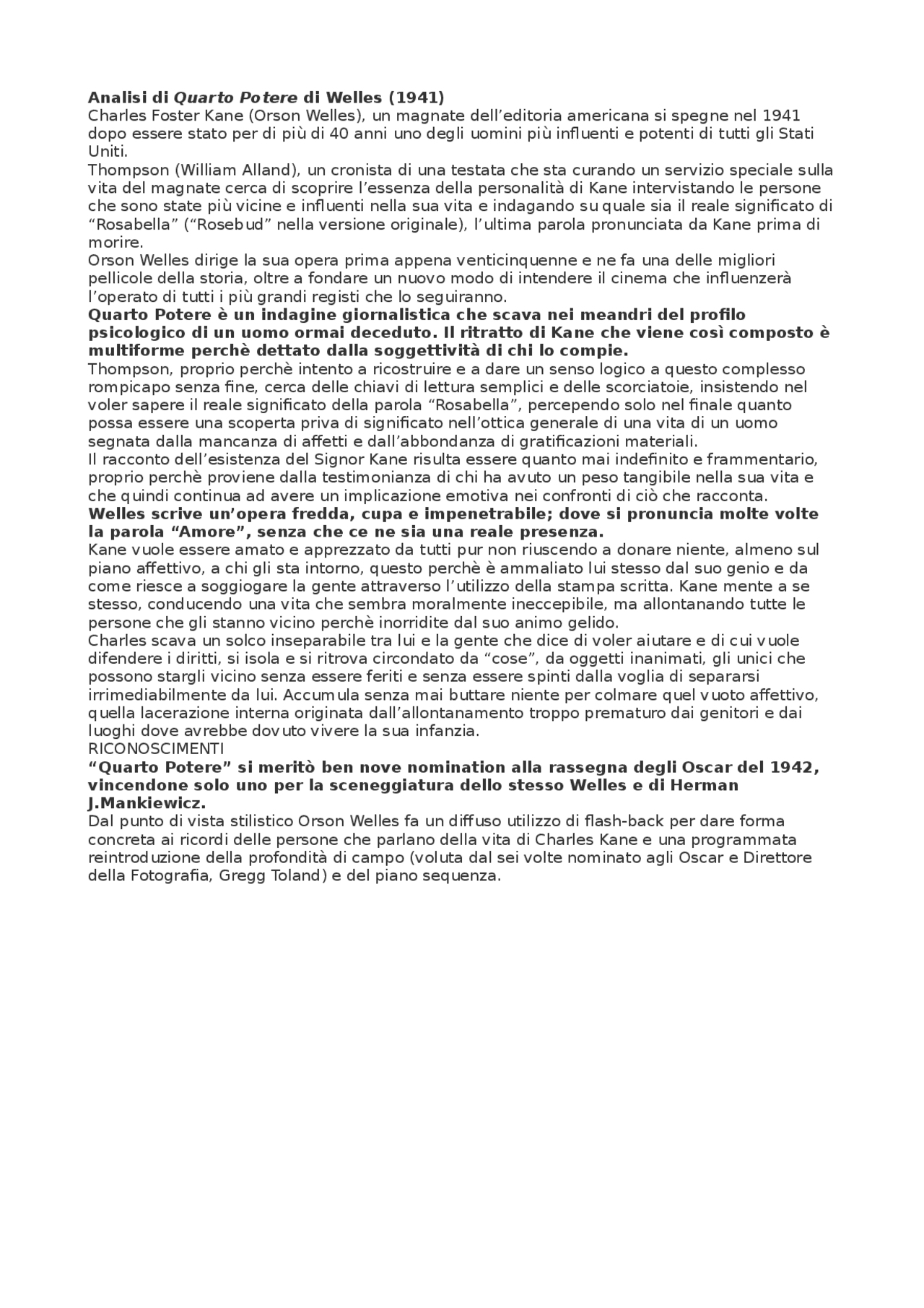 Analisi Di Quarto Potere Docsity