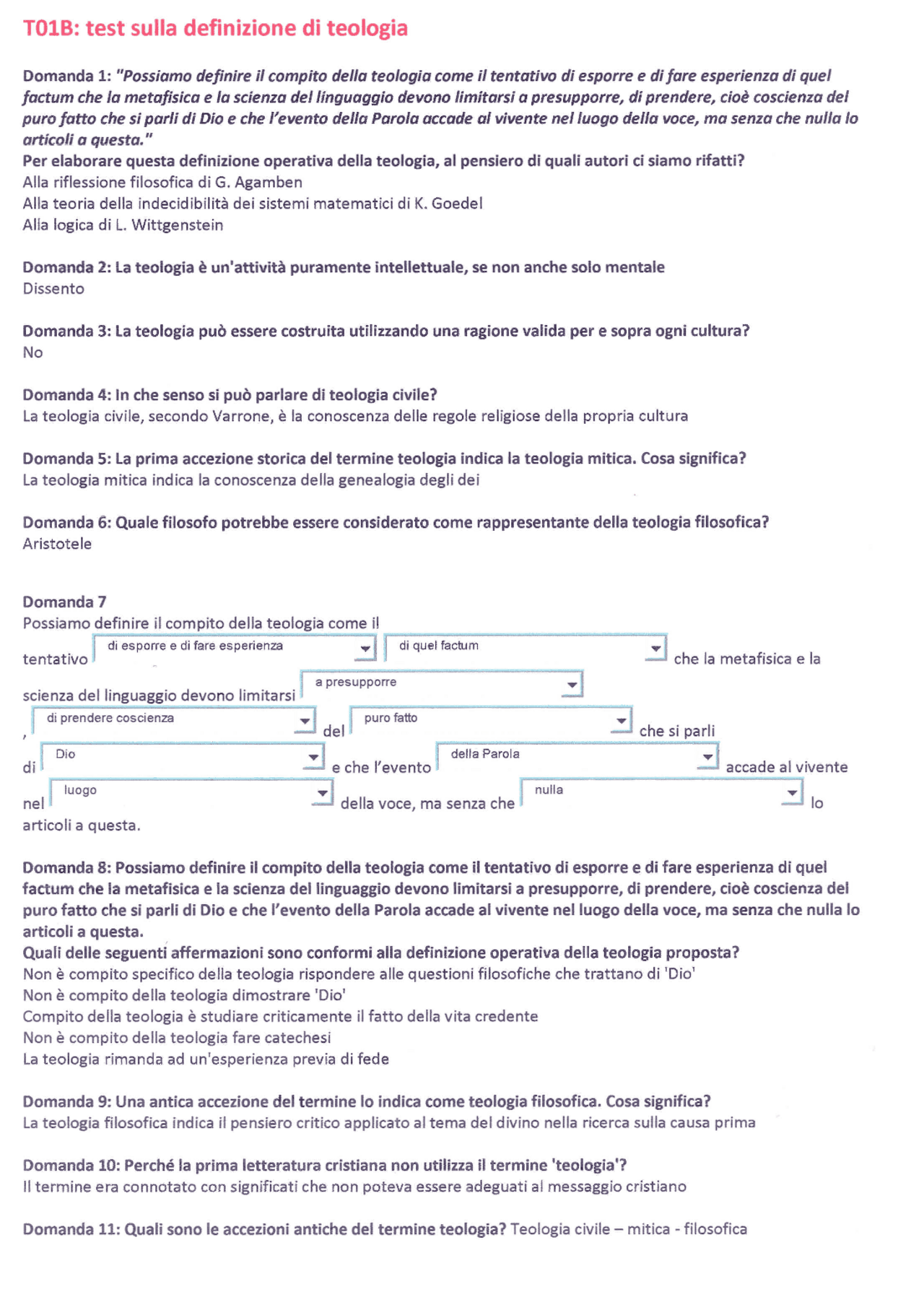 Test Sulla Definizione Di Teologia Docsity